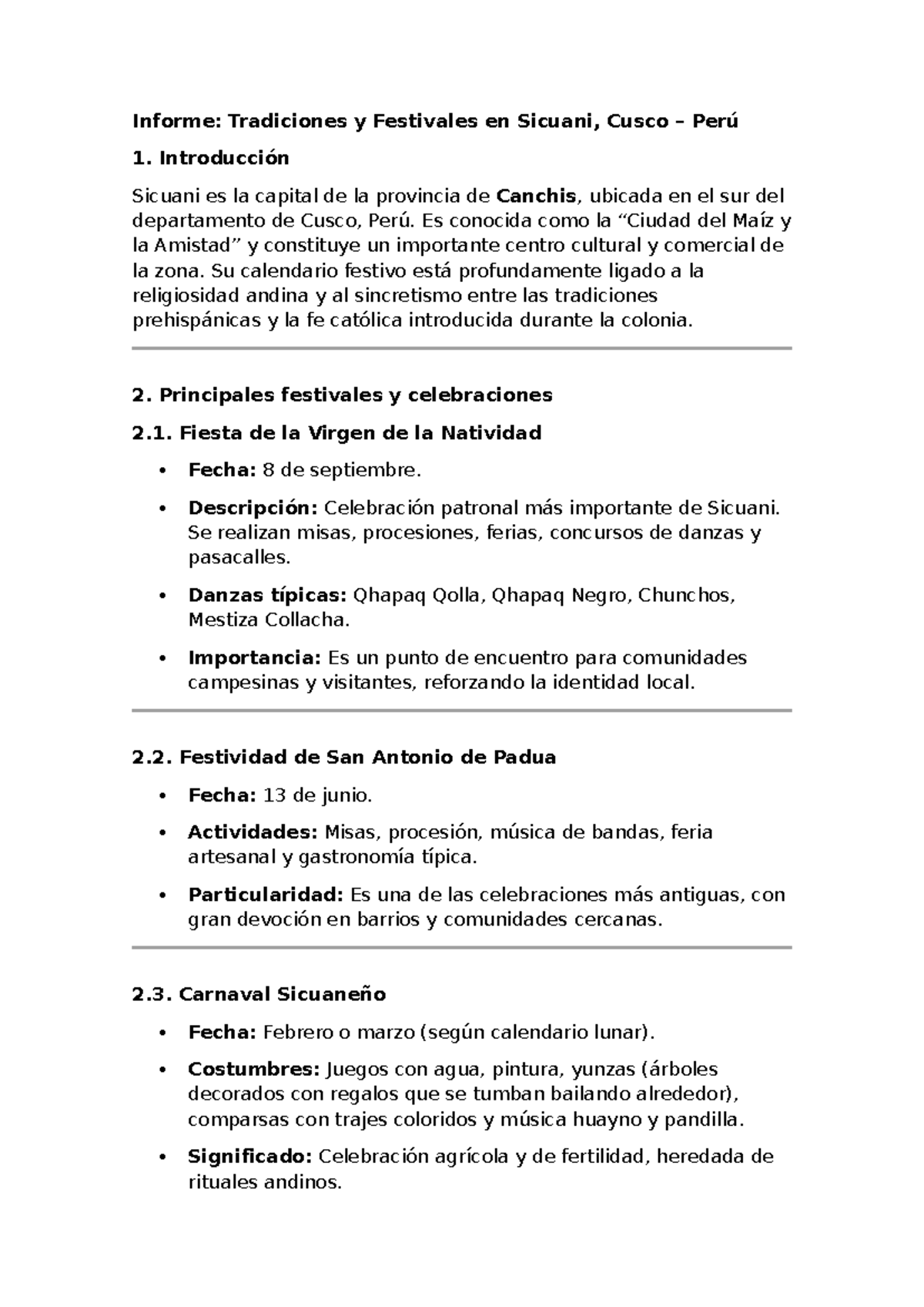 Informe: Tradiciones y Festivales en Sicuani, Cusco - Perú - Studocu