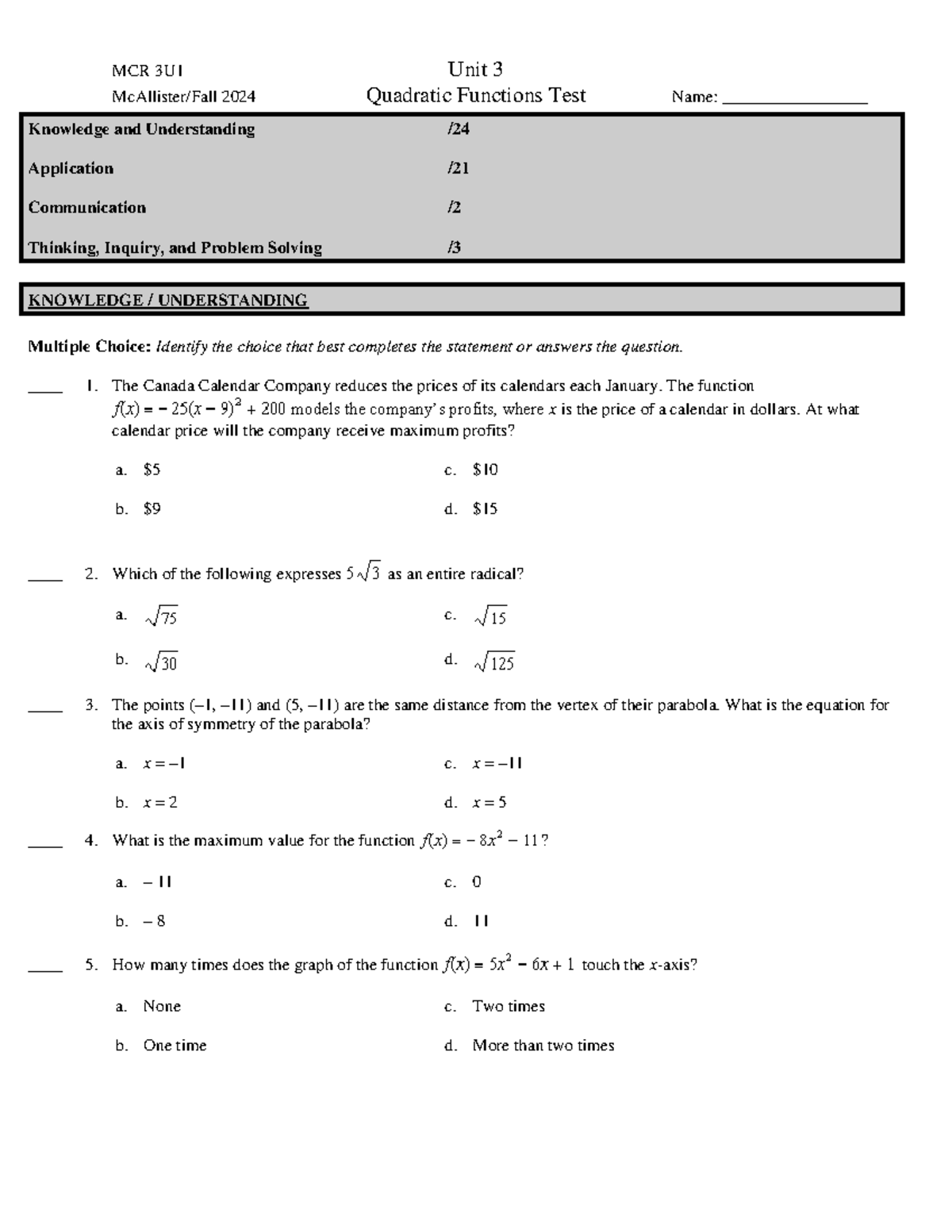Unit 3 Test - MCR 3U1 Fall 2024 Quadratic Functions Practice Test - Studocu