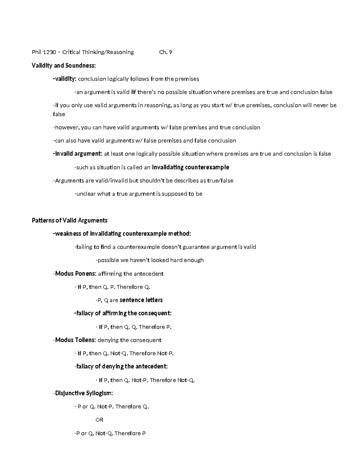 Phil 1230 - Ch. 9: Validity, Soundness, and Argument Patterns - Studocu