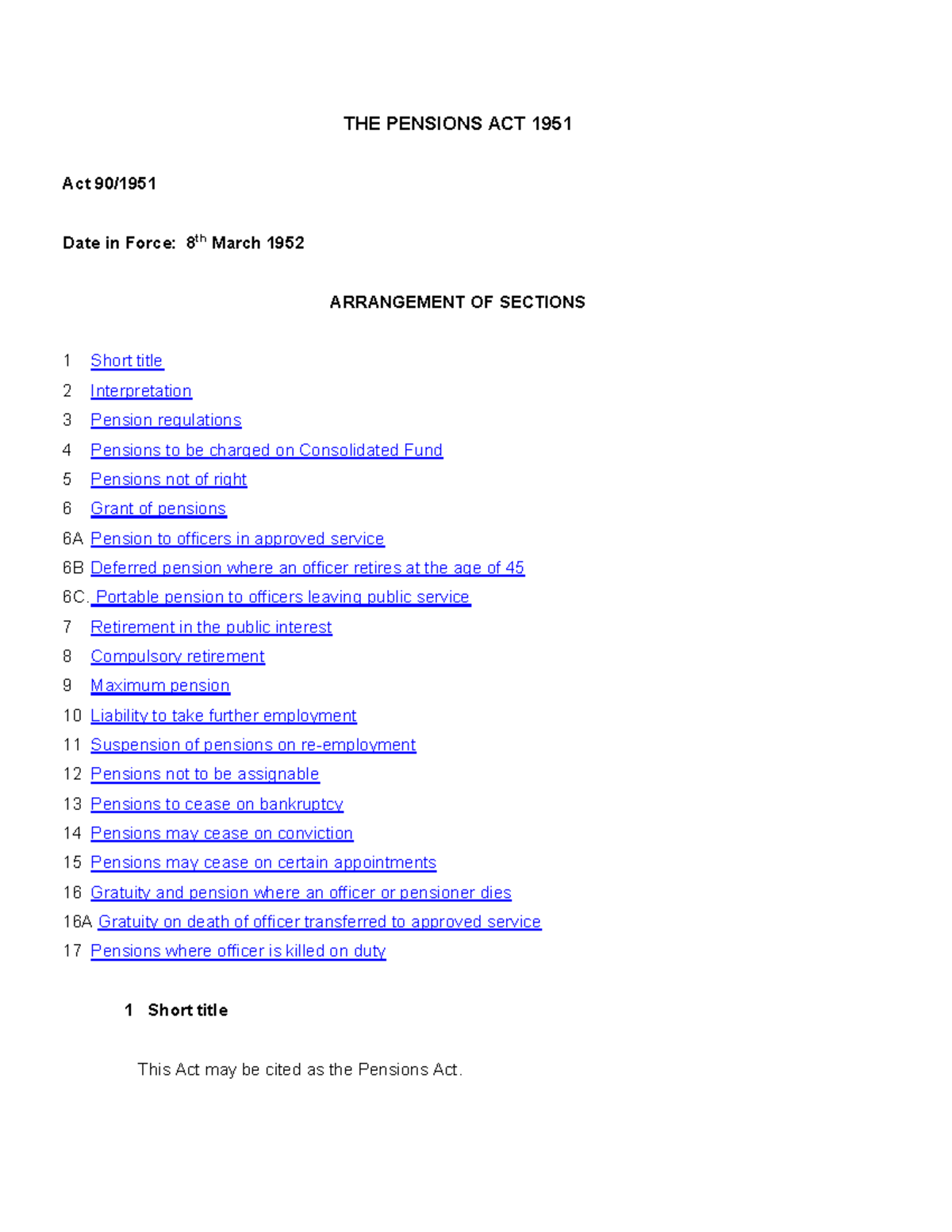 Pensions Act 1951: Comprehensive Overview and Key Provisions - Studocu