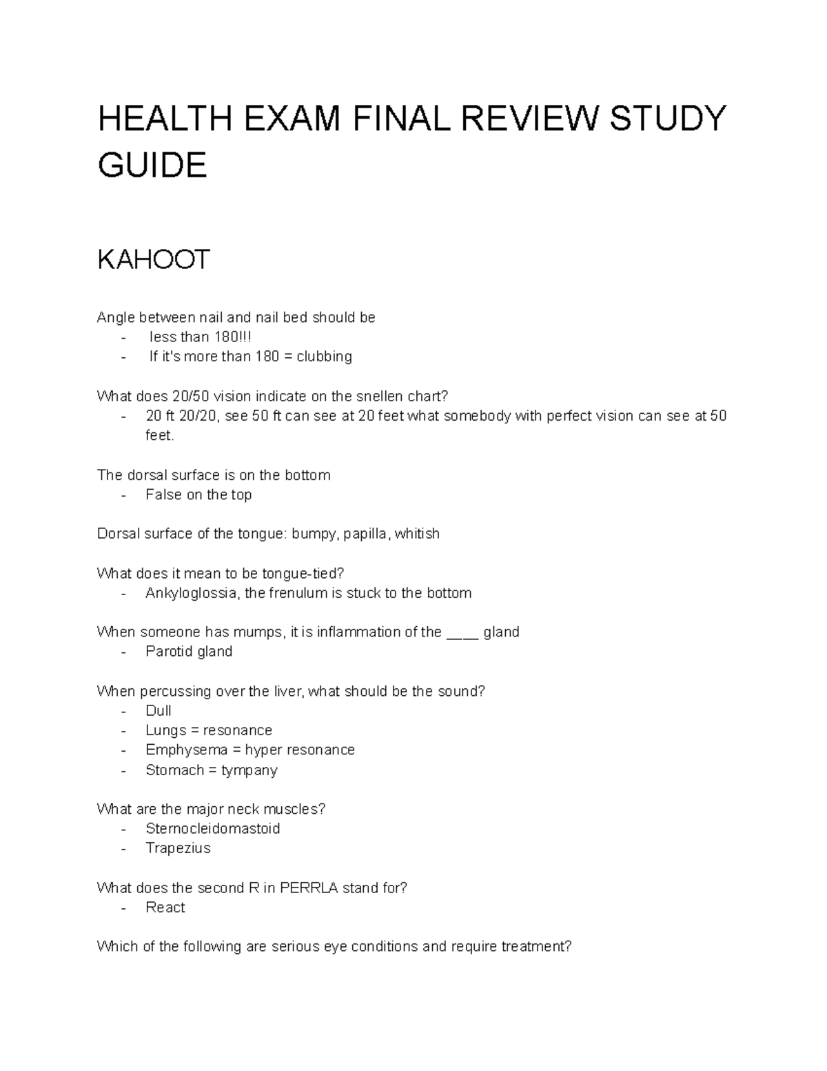 Final Exam Study Guide for Health Assessment (HA) - Studocu