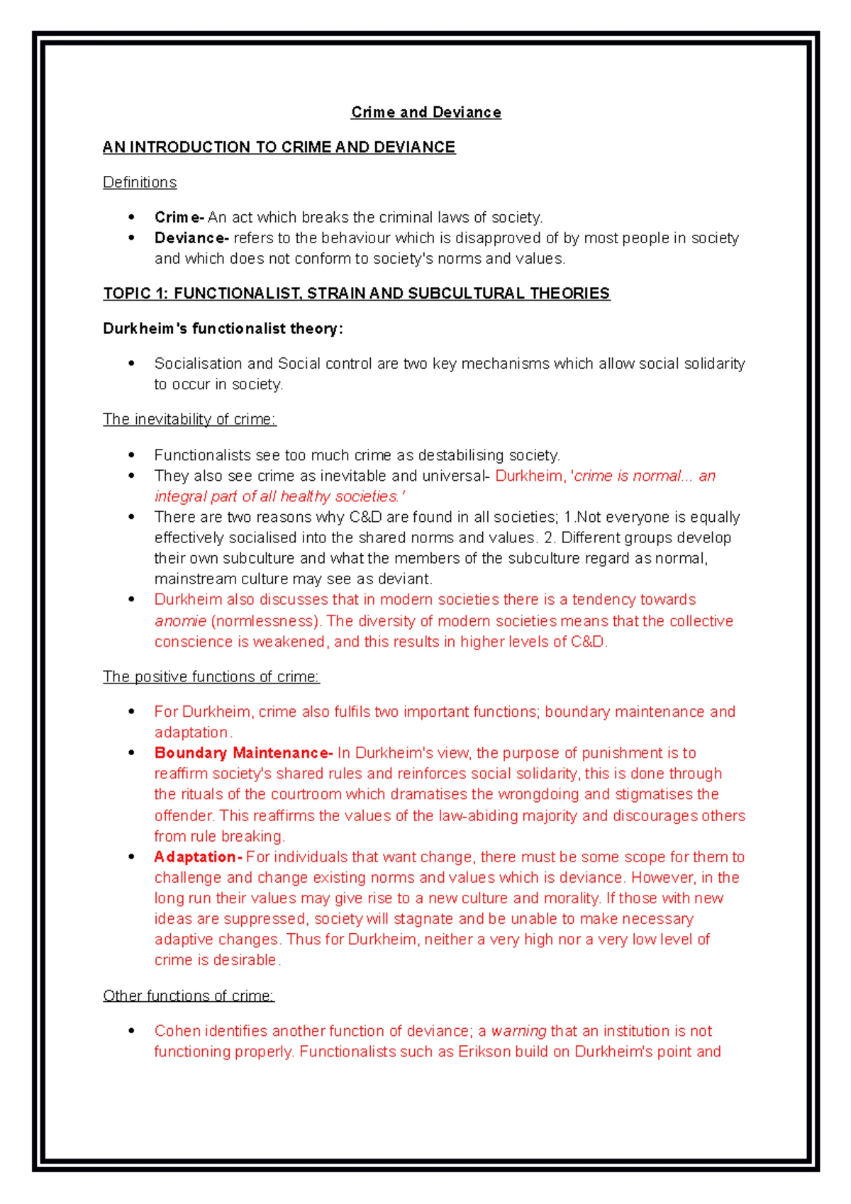 A2 Sociology Notes: Understanding Crime and Deviance Perspectives - Studocu