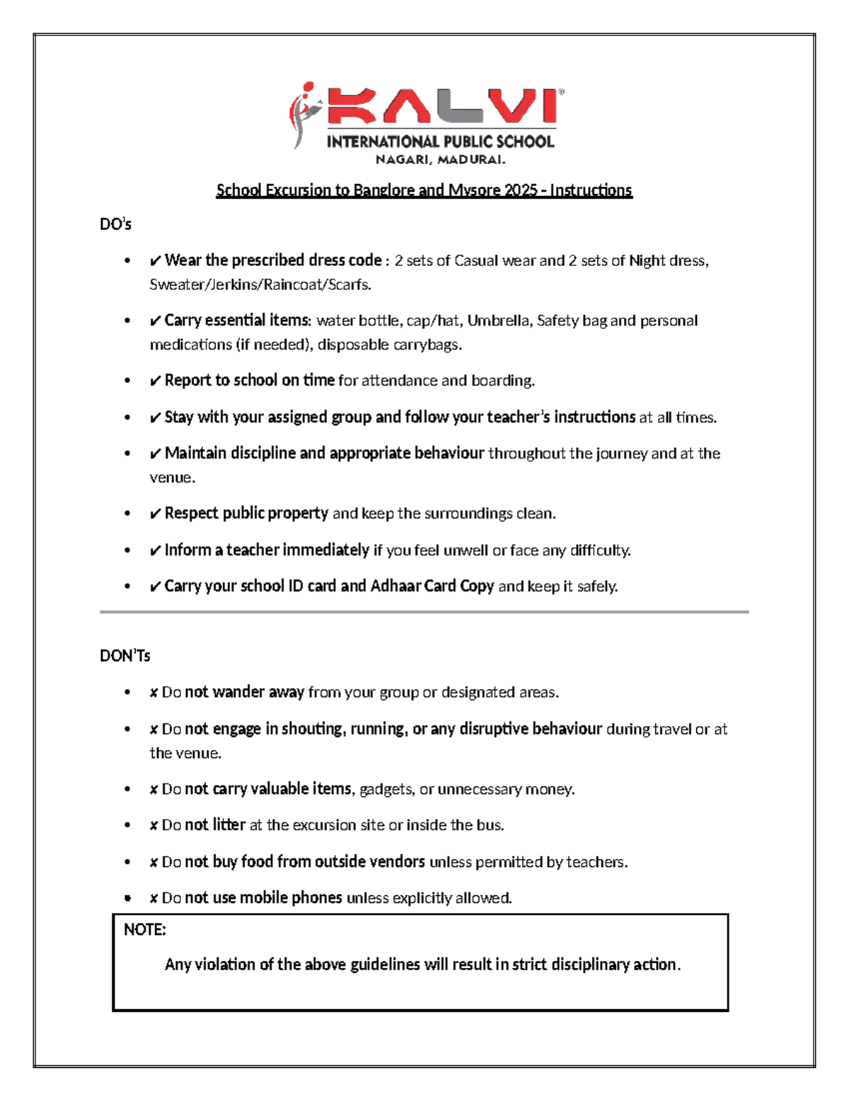 Tour Circular: School Excursion to Bangalore & Mysore 2025 Instructions ...