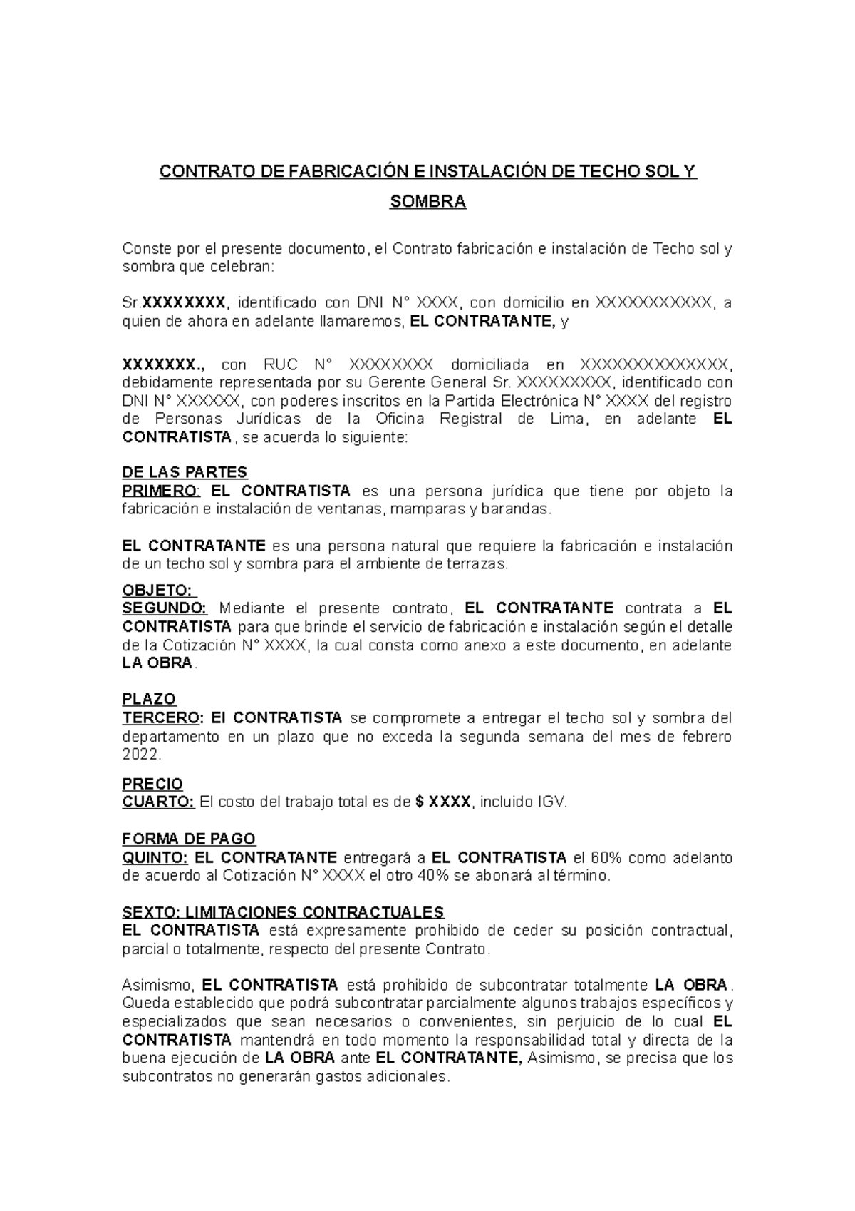 Contrato de Fabricación e Instalación de Techo Sol y Sombra - Studocu