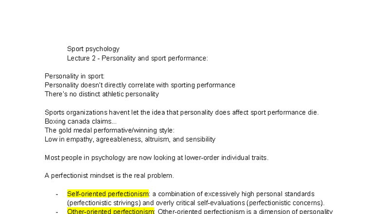 KINE 2P95 Sport Psychology Lecture 2: Personality & Performance Insights - Studocu
