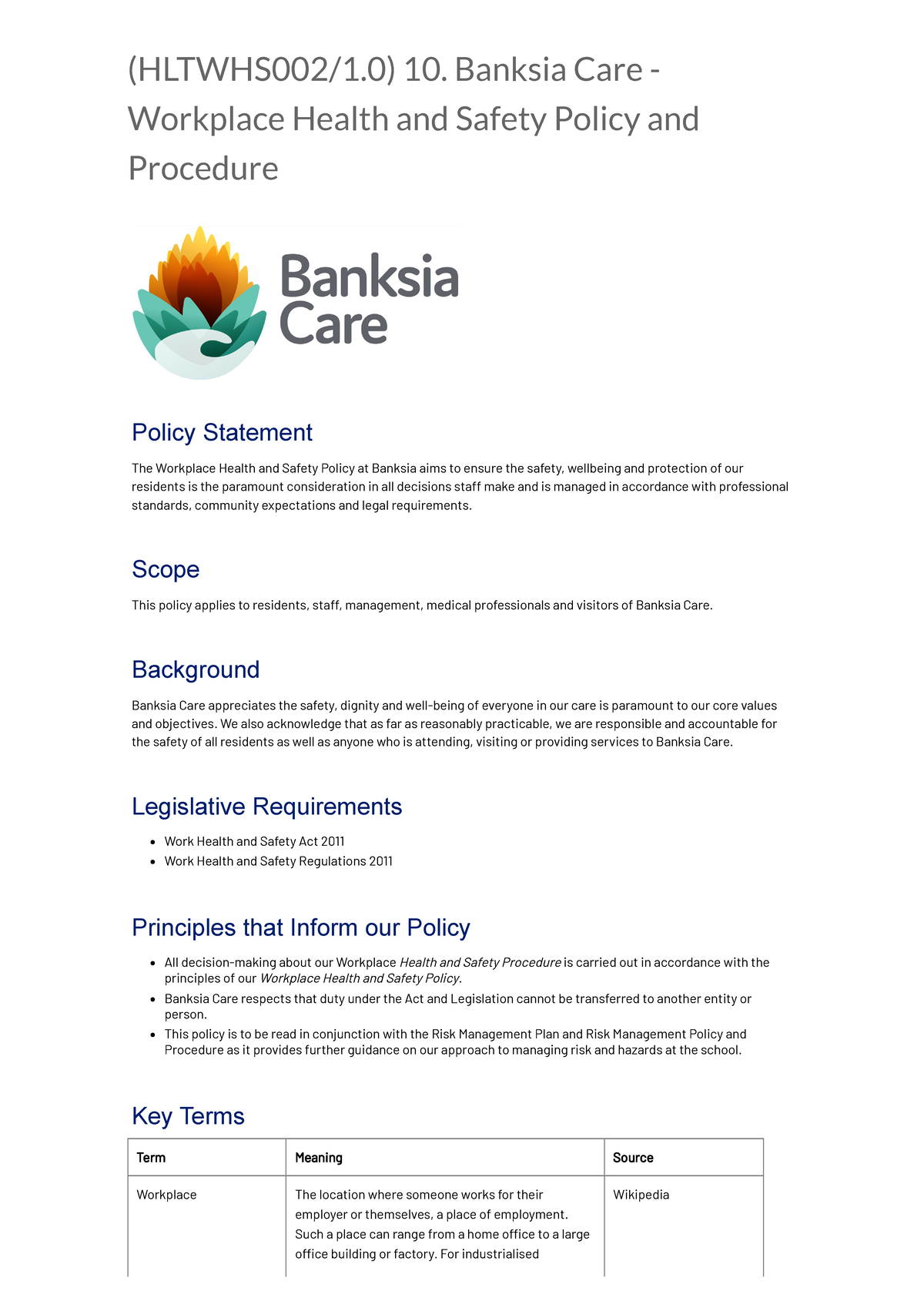 ( HLTWHS 002 1.0) Banksia Care WHS Policy & Procedures for CHC32015 ...