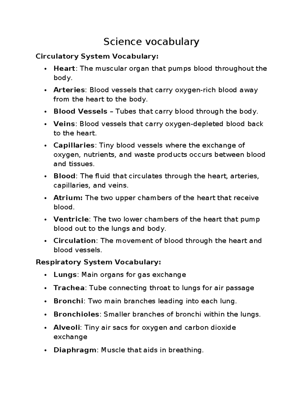 Science Vocabulary: Circulatory & Respiratory System Terms - Studocu