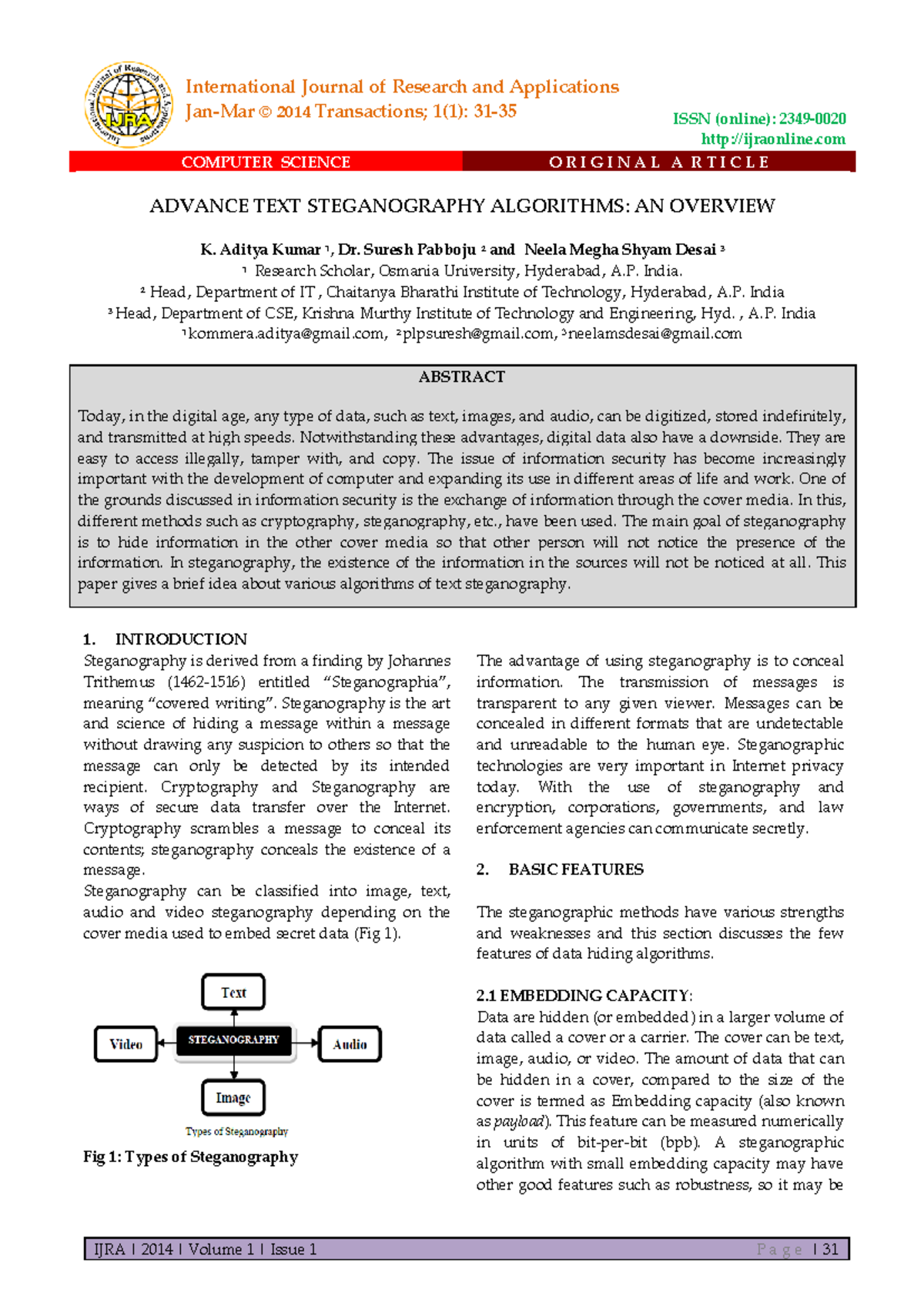 Overview of Text Steganography Algorithms - IJRA 2014 1(1) - Studocu