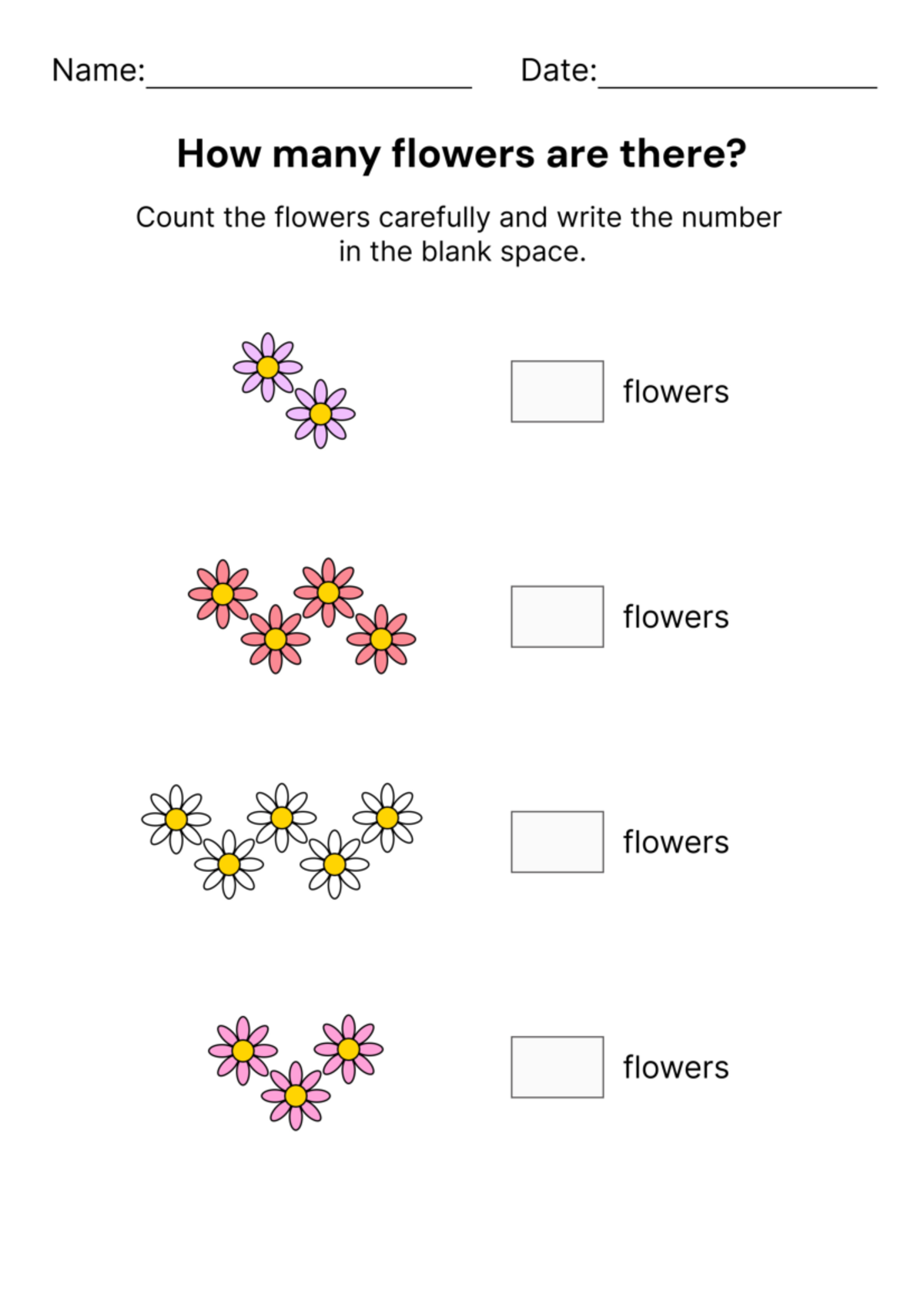 Count the Flowers Worksheet – Version 2 - Name: Date: How many flowers ...