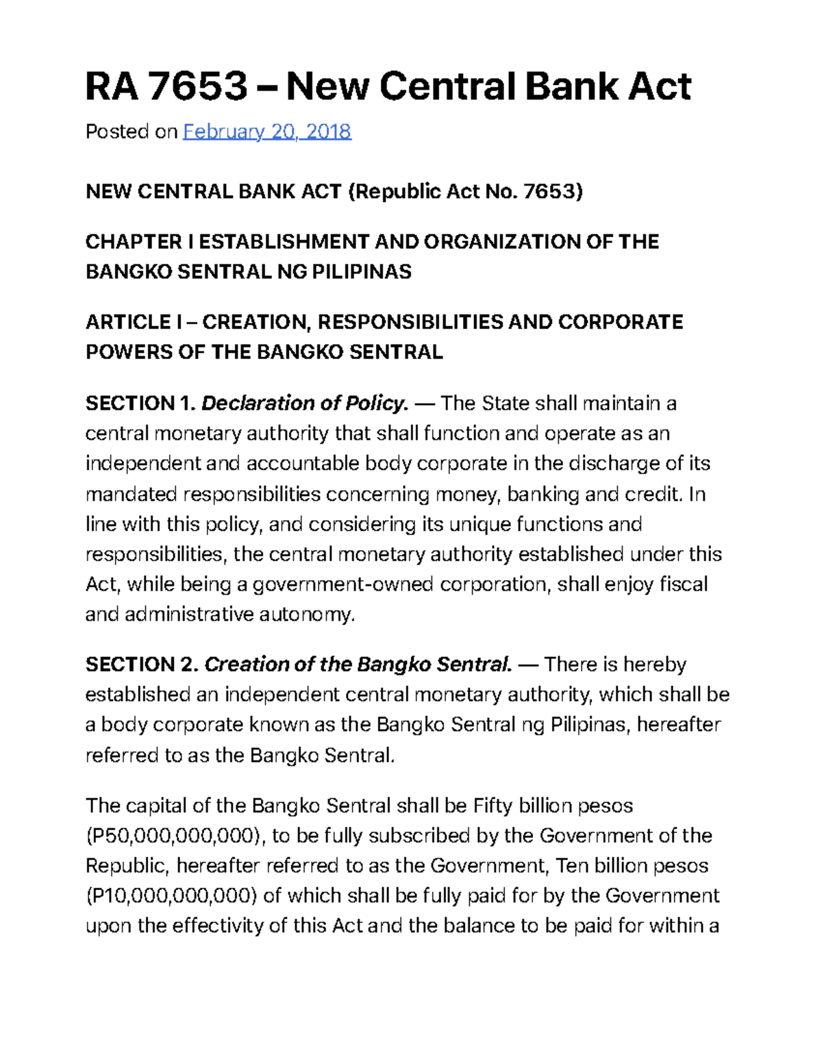 RA 7653 – Overview of the New Central Bank Act and Its Provisions - Studocu