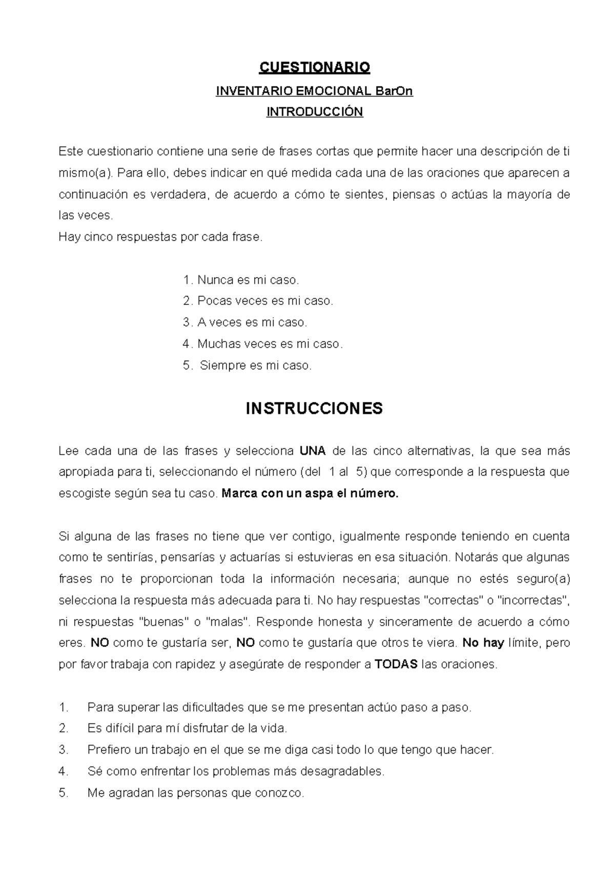 Cuestionario Inventario Emocional BarOn: Autoevaluación Personal - Studocu