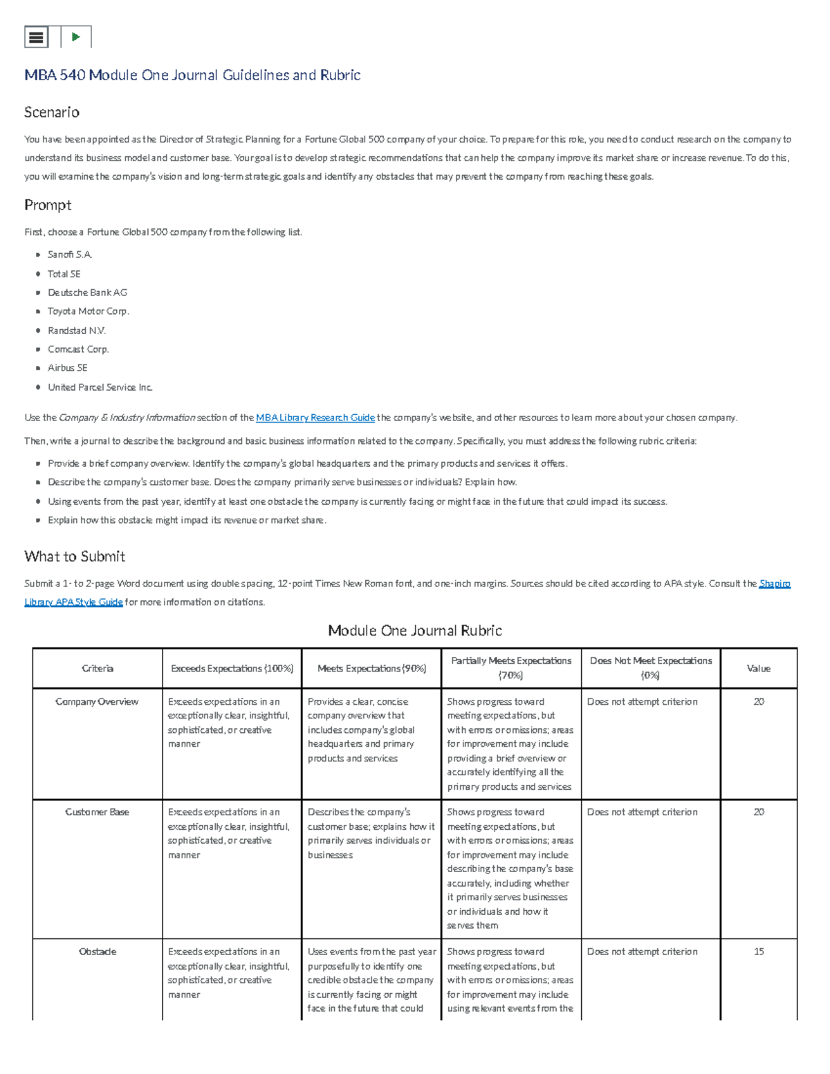 MBA 540 Module One Journal: Strategic Planning for Fortune 500 Company ...