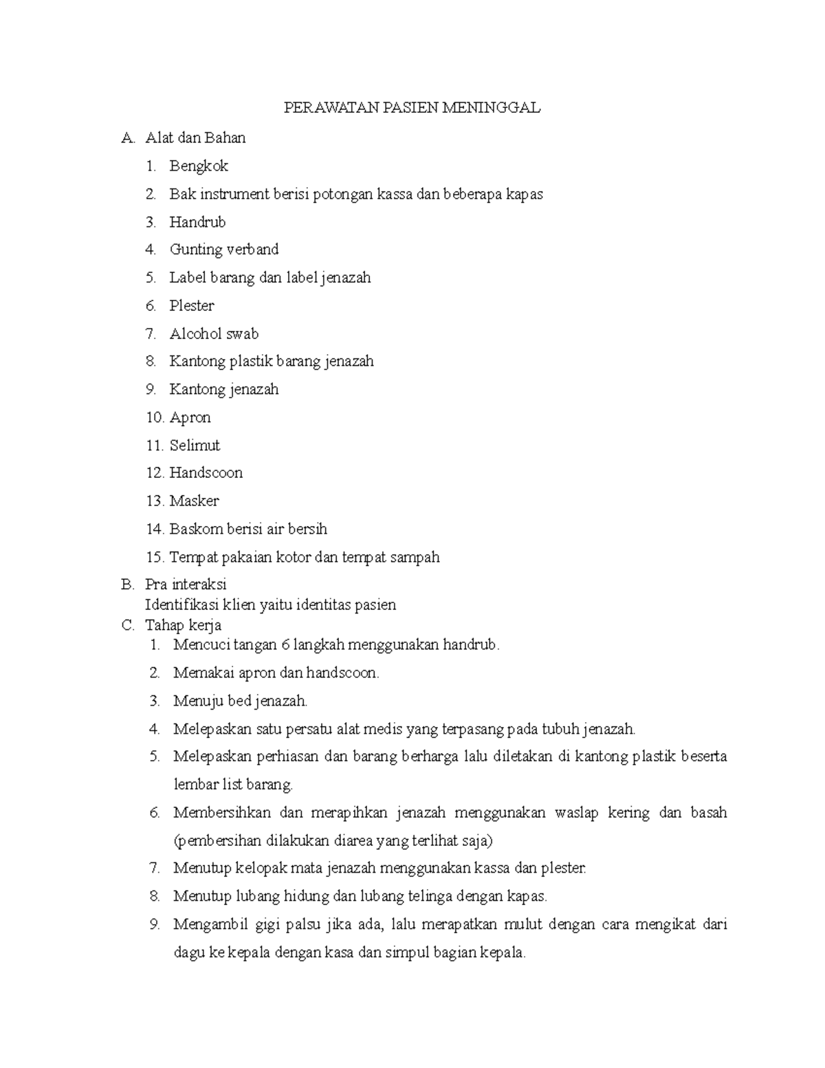 Perawatan Jenazah untuk Keperawatan: Prosedur dan Alat (Kep. 101) - Studocu