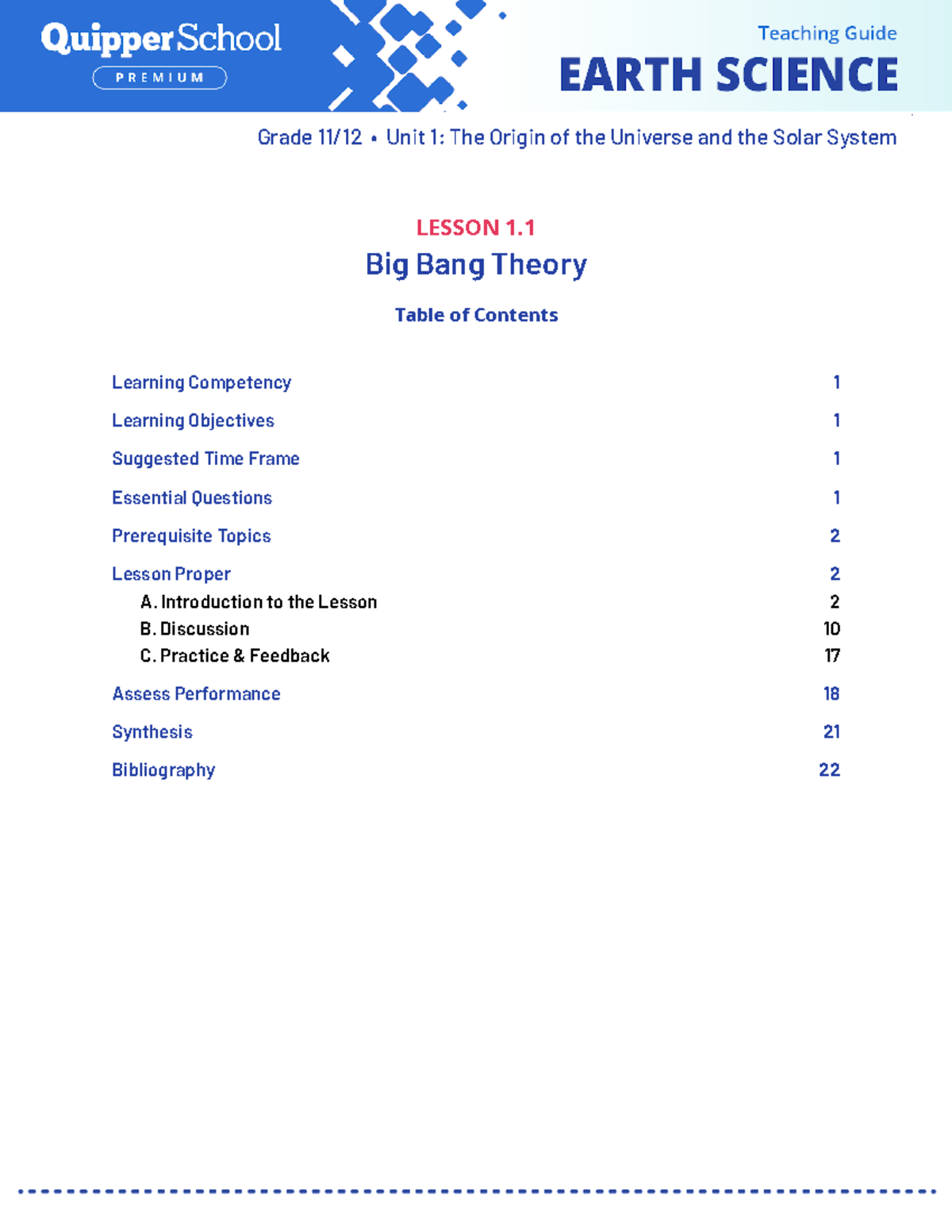 Earth Science Teaching Guide: Big Bang Theory (Grade 11/12 Lesson 1 ...