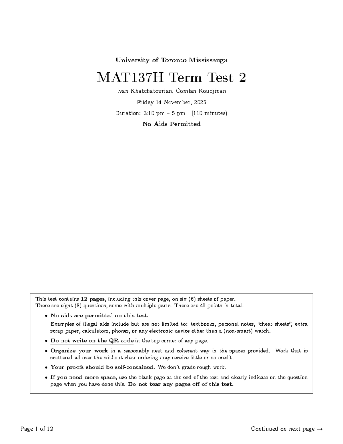 MAT137H5F Fall 2025 Term Test 2 - Math Concepts and Problems - Studocu