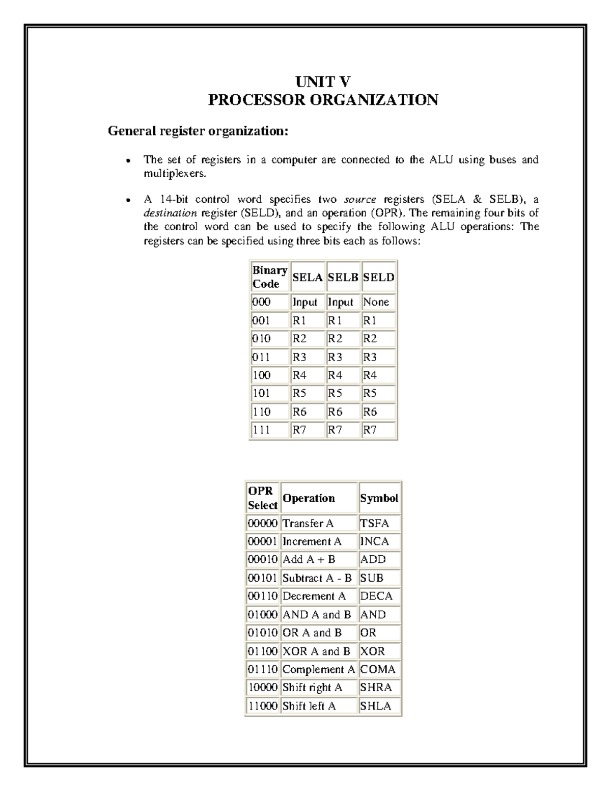 Unit 5 - Processor organization: General register organization stack ...