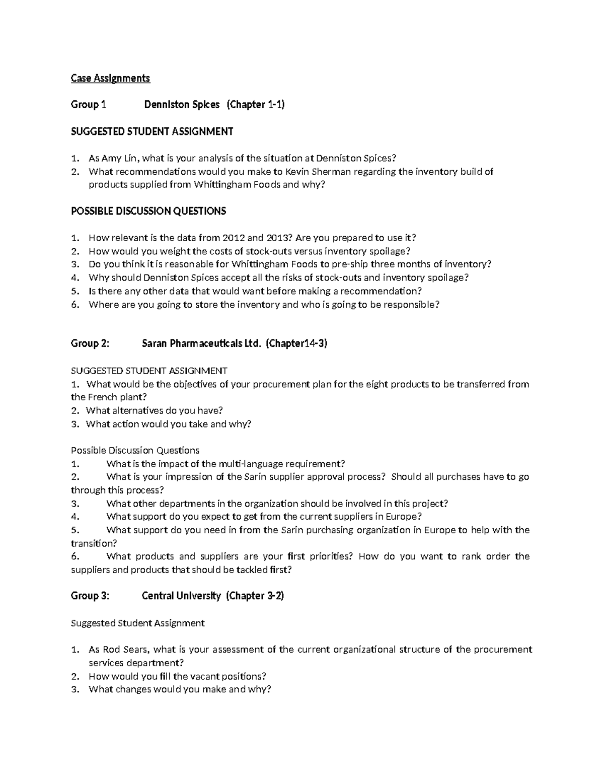 Case Study Assignments for Fall 2023: Denniston Spices & More - Studocu