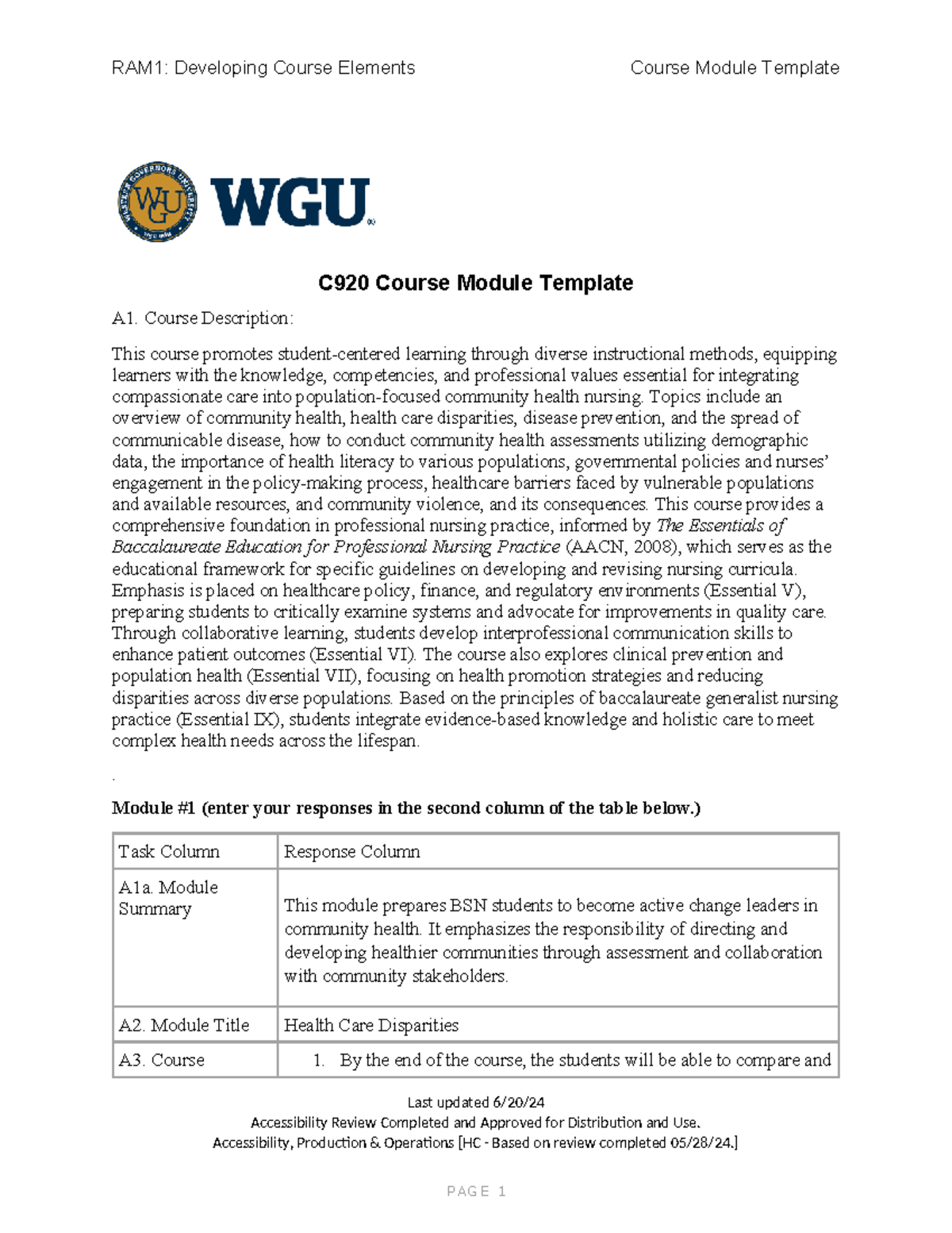 C920: Community Health Nursing Course Module Template - Studocu
