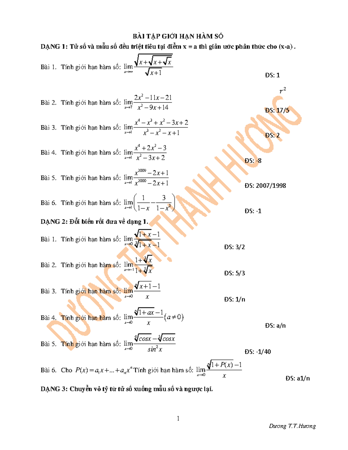 2 Bai tap Gioi han ham so - gdhd - 1 BÀI TẬP GIỚI HẠN HÀM SỐ DẠNG 1: Tử ...