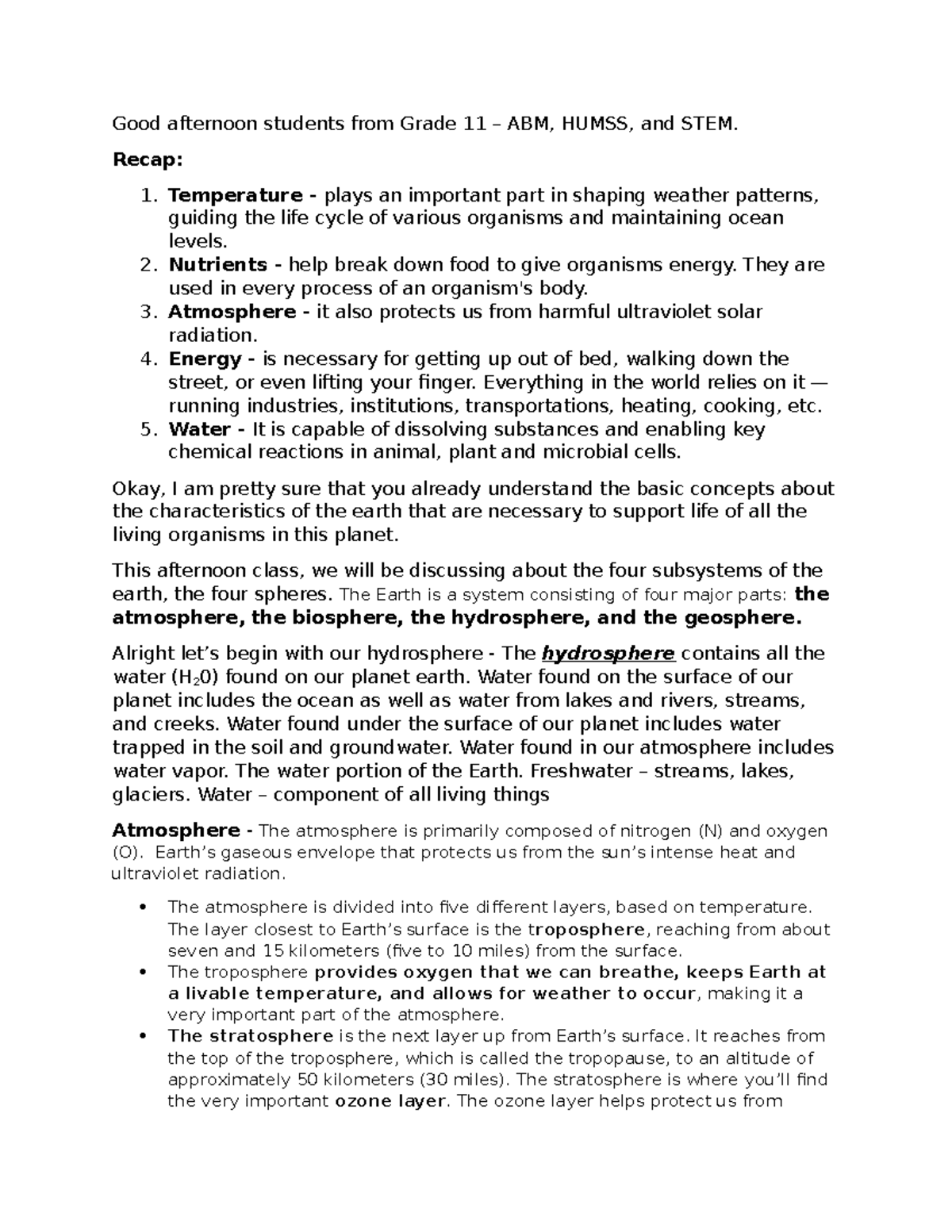 Q1-L3-EALS - Earth’s Subsystems: Atmosphere, Hydrosphere, Geosphere ...