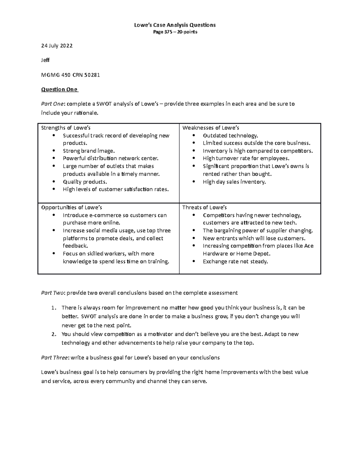 MGMG 490 - Lowe's Case Study Analysis & SWOT Assessment - Studocu