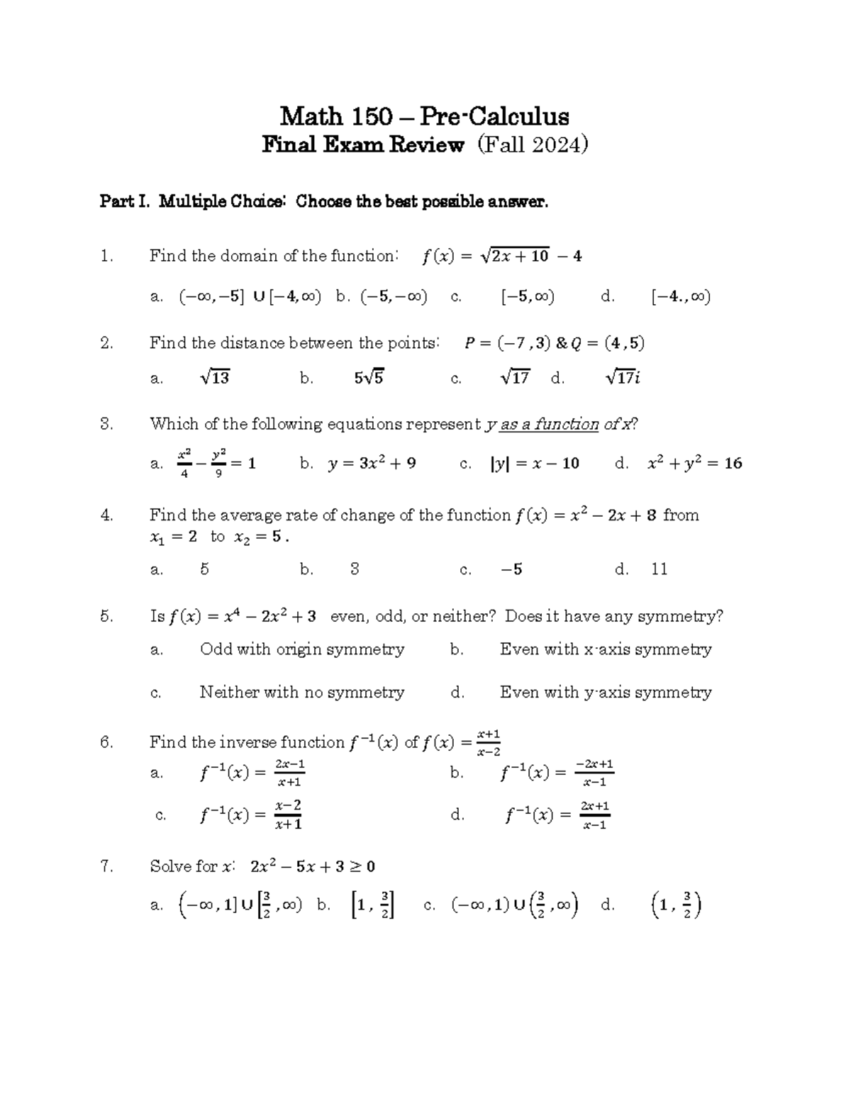 Math 150 Final Exam Review (Fall 2024) - Multiple Choice & Short Answer ...