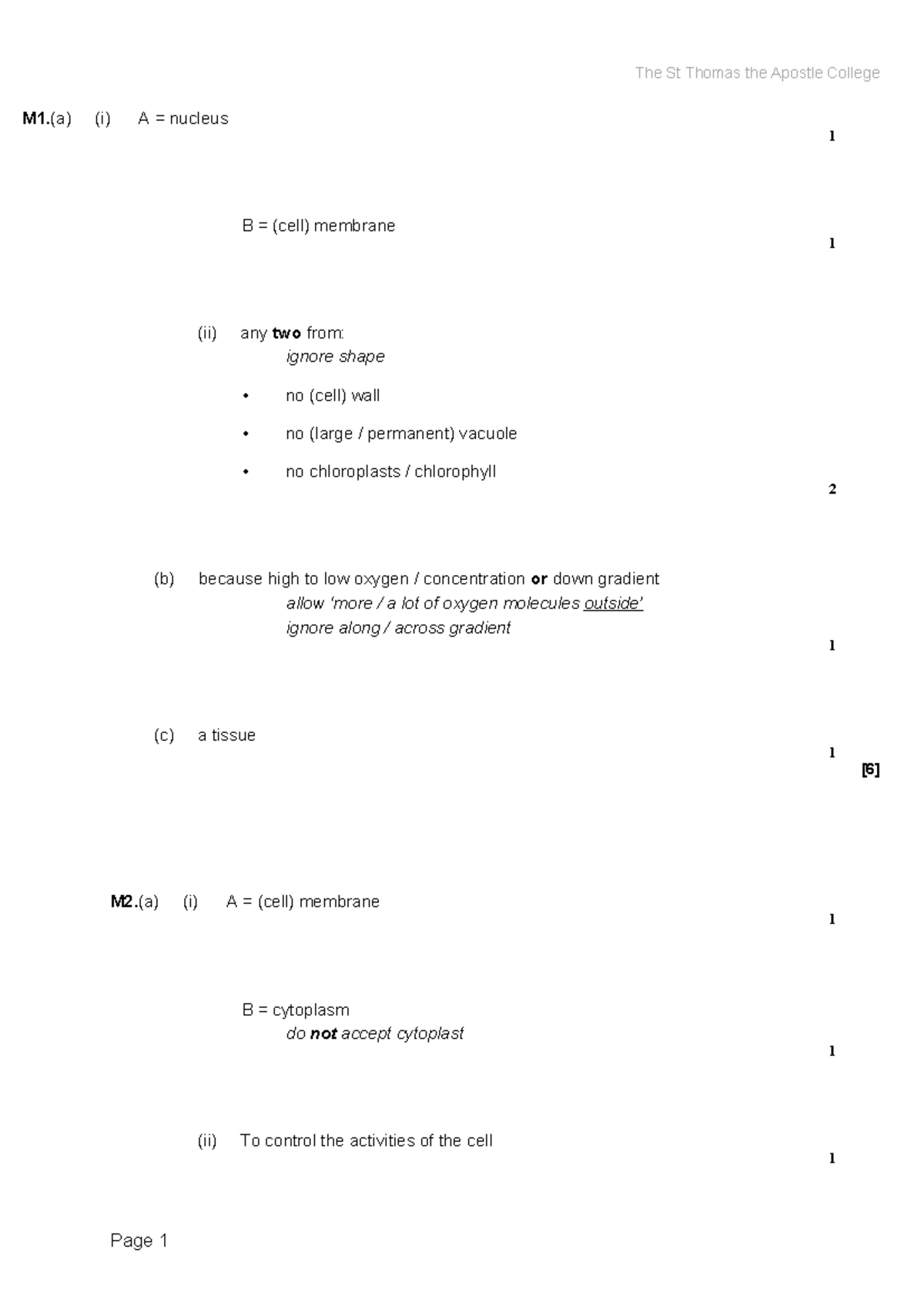 B1 Cell Structure and Transport Mark Scheme Overview - Studocu
