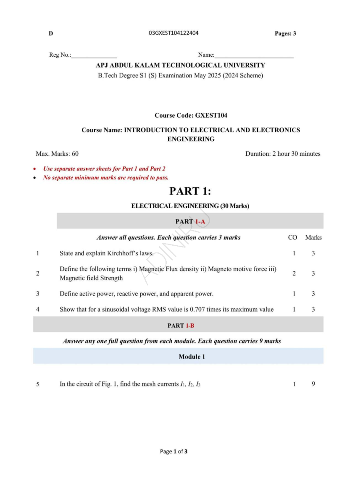 KTU 2024 S1 GXEST104 Introduction to Electrical Engineering Exam Notes ...