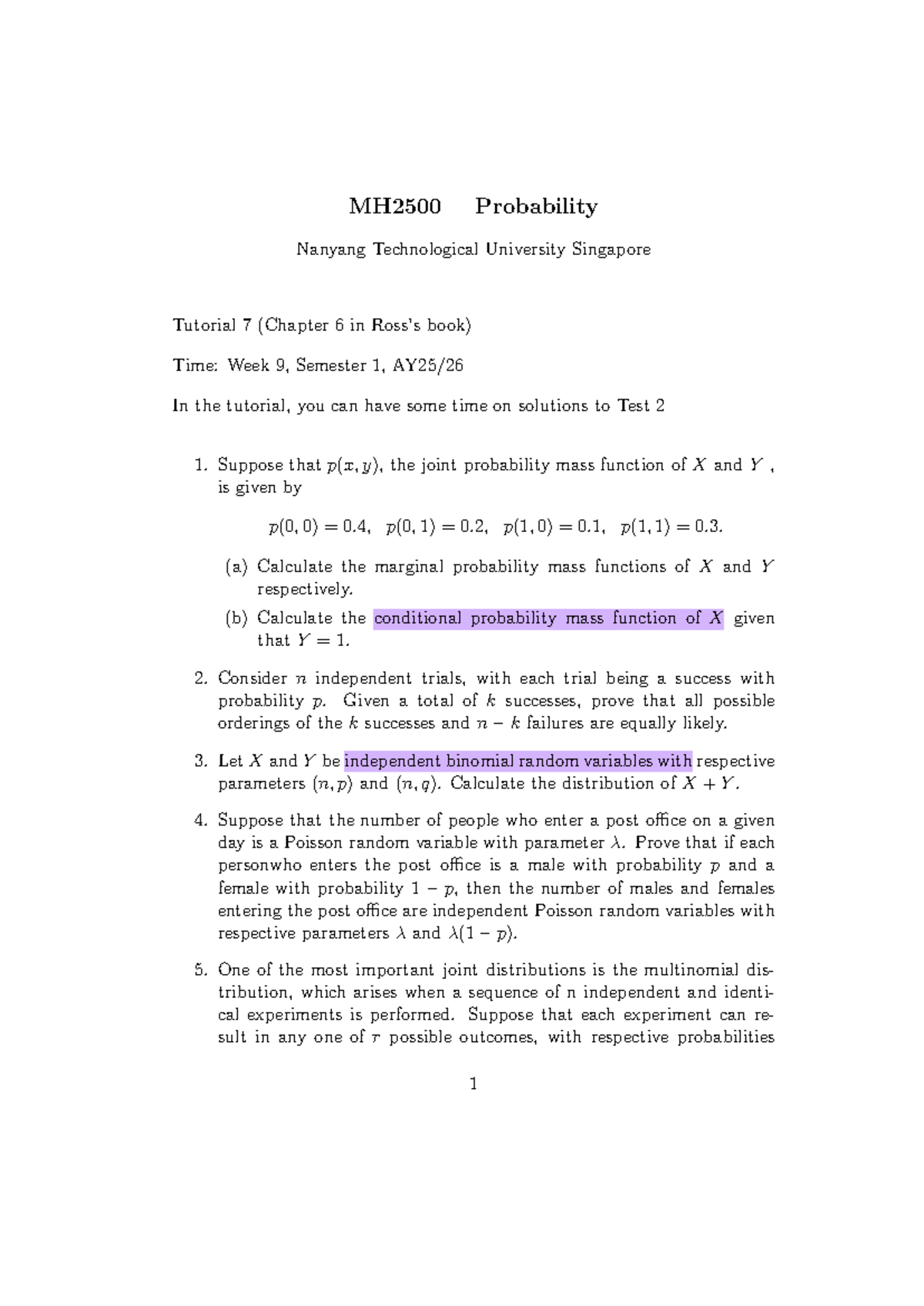 MH2500 Probability Tutorial 7: Joint & Marginal Distributions - Studocu