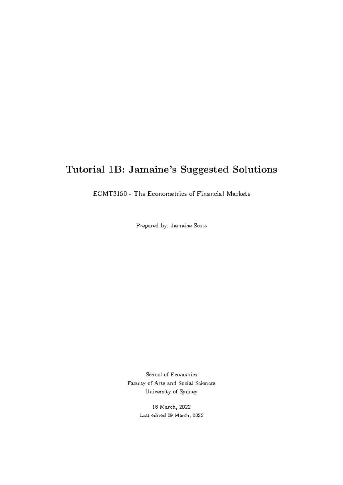 ECMT3150 - Tutorial 1B Solutions by Jamaine Scott - Studocu
