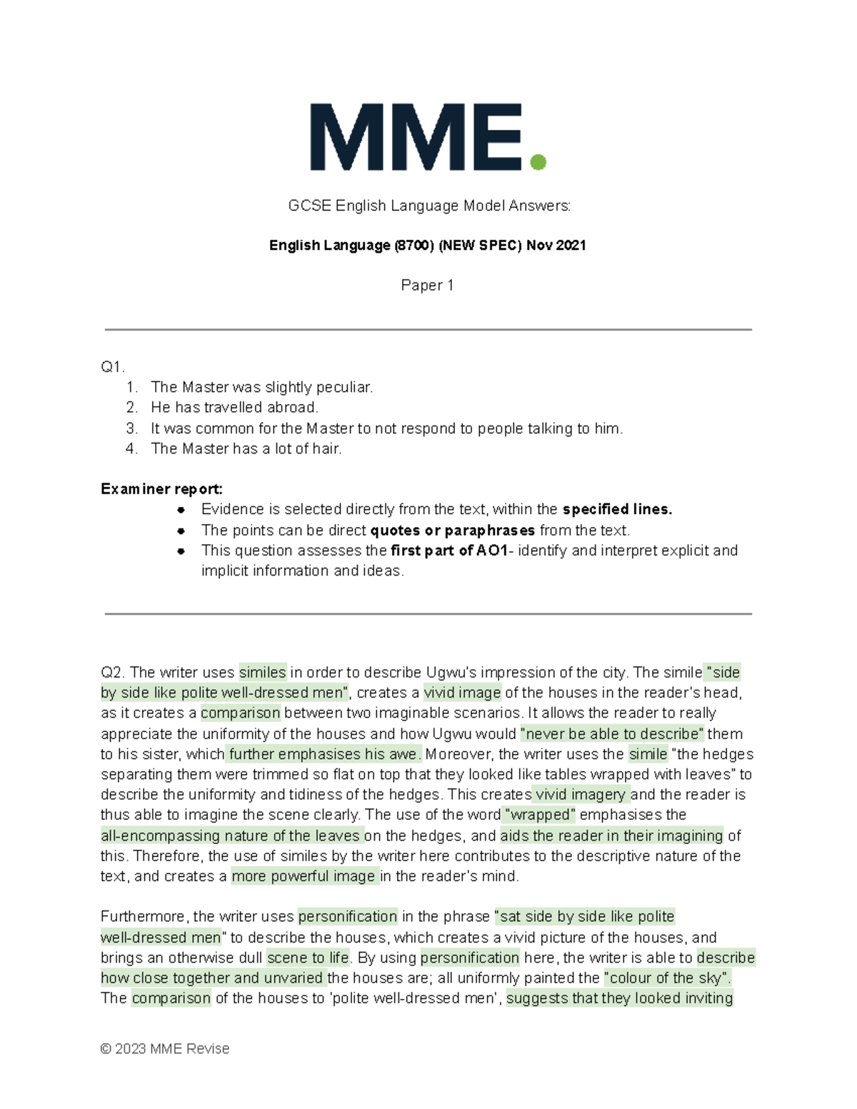 GCSE English Language (8700) Paper 1 Model Answers and Analysis - Studocu