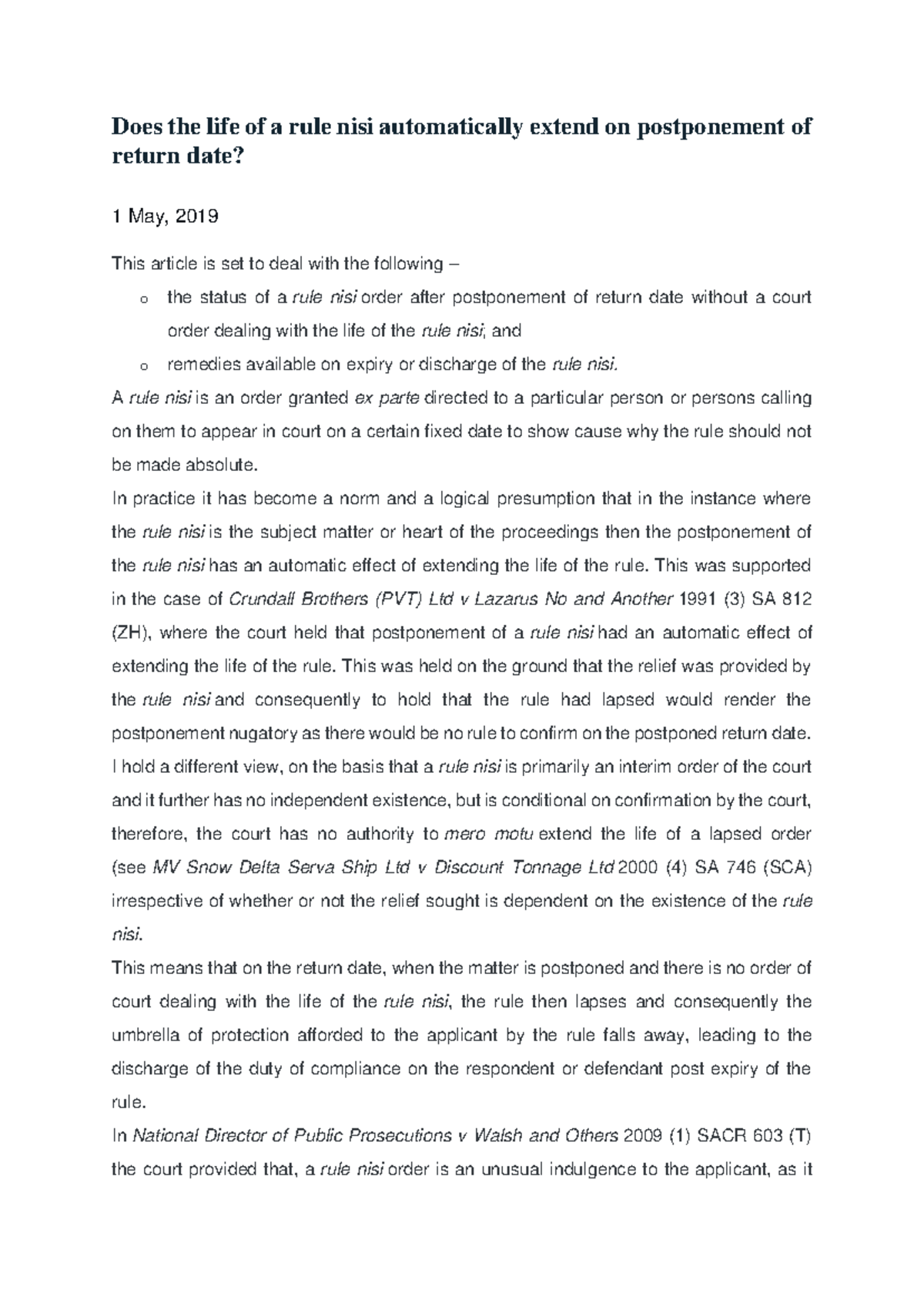 Rule Nisi Orders: Life Extension upon Postponement Explained - Studocu