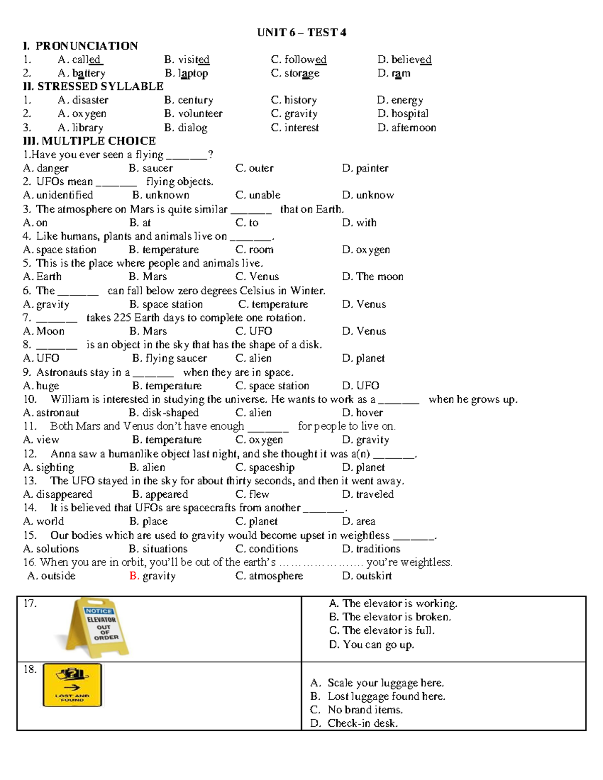 Unit 6 Lớp 8 Test 4: Pronunciation & Multiple Choice Questions - Studocu