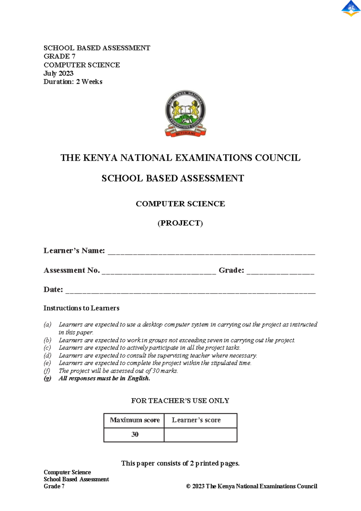 CSC 1 Grade 7 Computer Science School Based Assessment Project 2023 ...