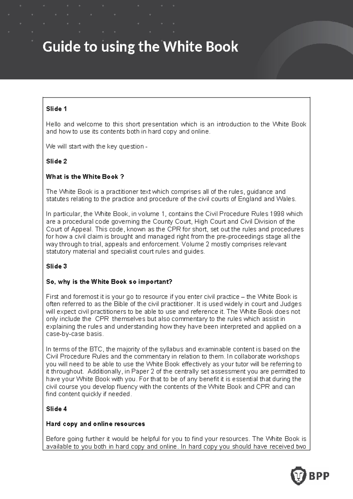 BTC1 Civil WS1 Guide to Using the White Book Effectively - 2024 - Studocu