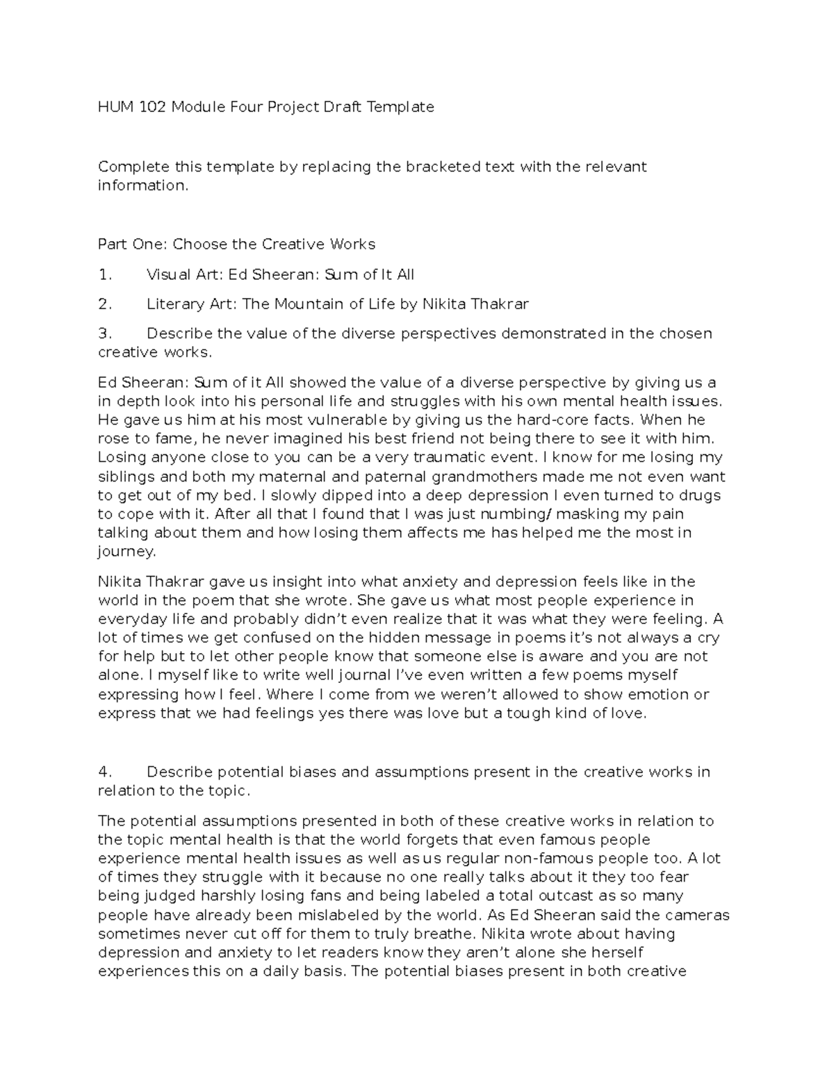 HUM 102 Module Four Project Draft - Part One: Choose the Creative Works ...