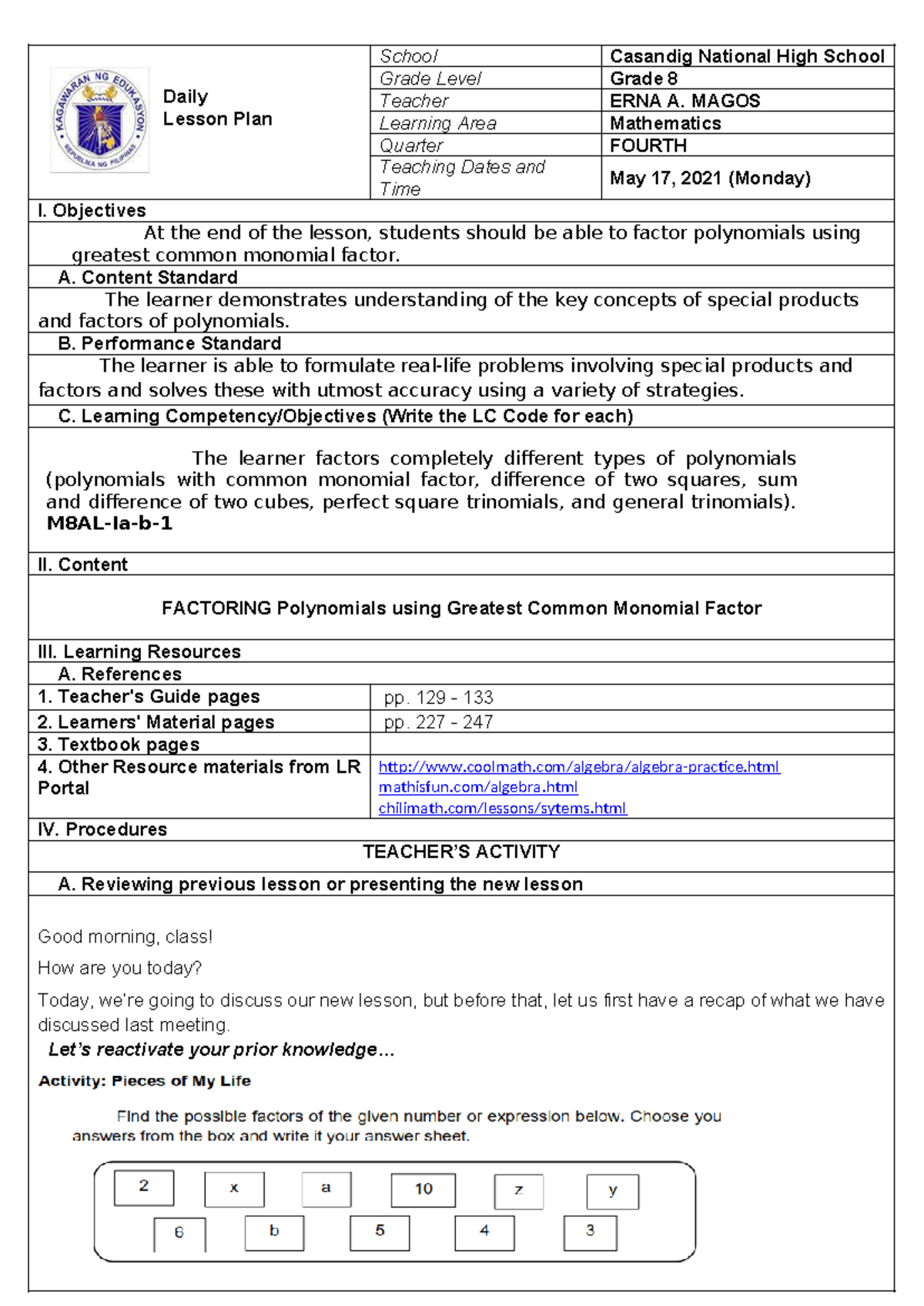 Grade 8 Math Lesson Plan: Factoring Polynomials (DLPmath 8-COT 2) - Studocu