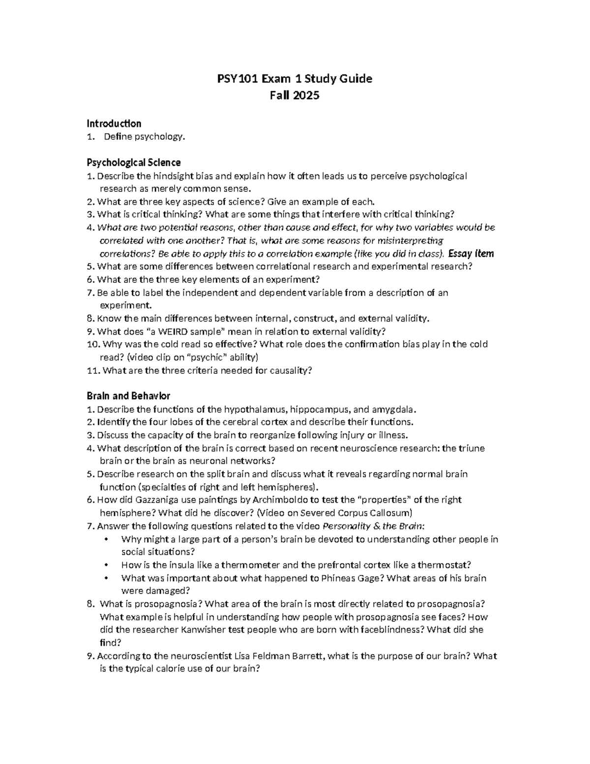 PSY101 Fall 2025 Exam 1 Study Guide: Key Concepts & Questions - Studocu