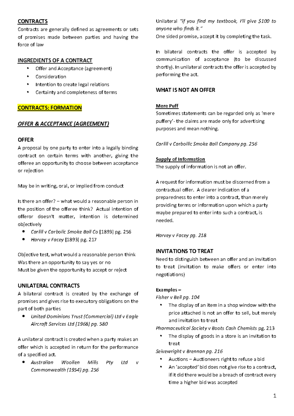 Contracts: Key Ingredients and Legal Principles (LAW101) - Studocu