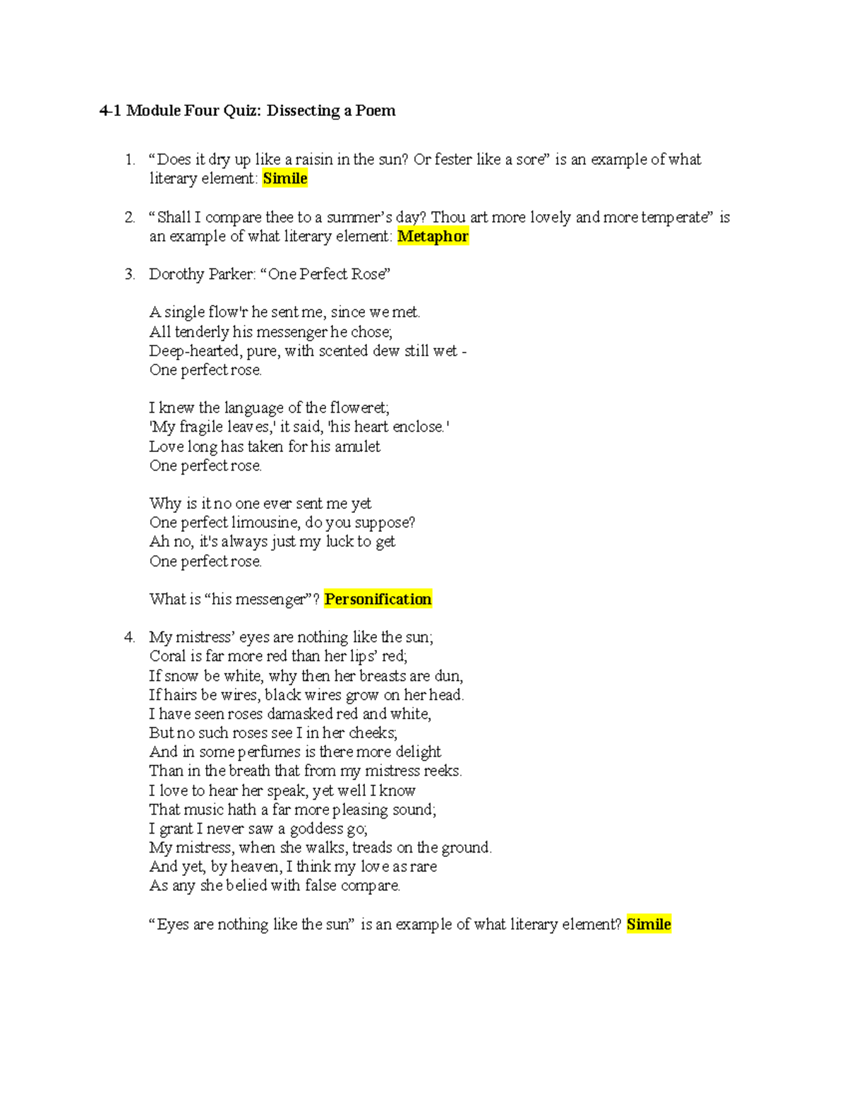 4-1 Module Four Quiz - Dissecting a Poem - “Does it dry up like a ...