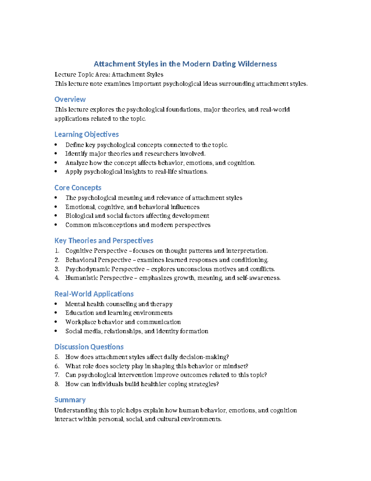 32 Attachment Styles in Modern Dating: Lecture Notes - Studocu
