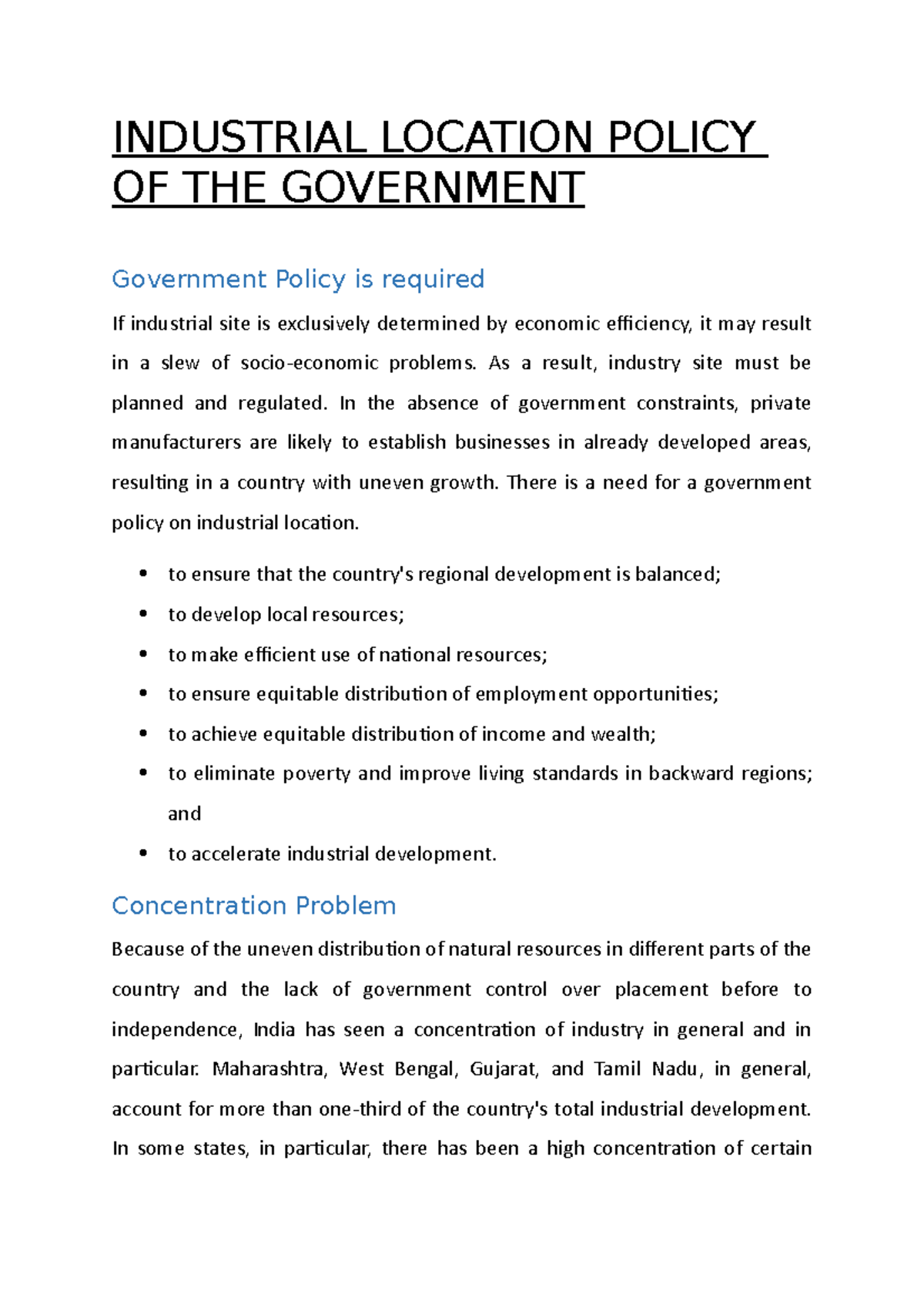 Government's Industrial Location Policy: Promoting Balanced Development ...