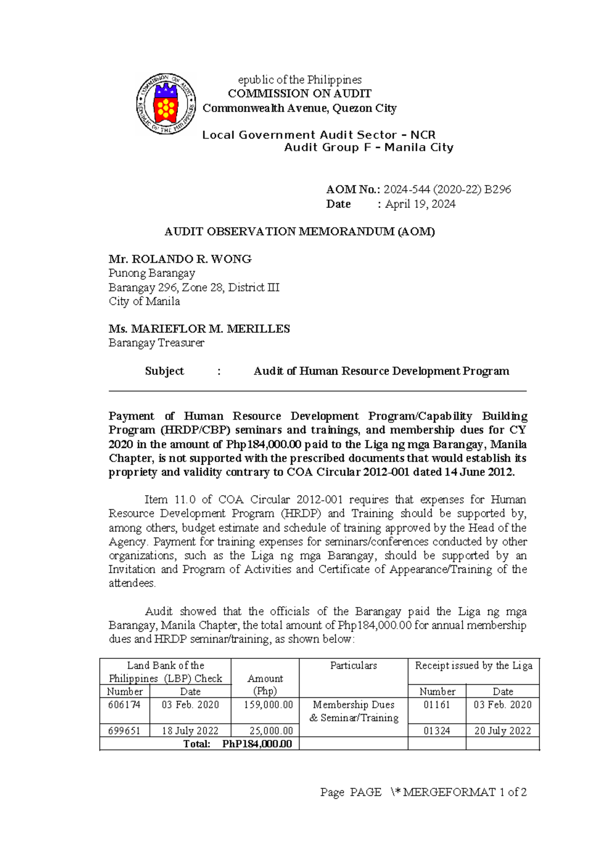 AOMLiga 296 - Audit Observation Memorandum on HRDP/CBP Seminars - Studocu