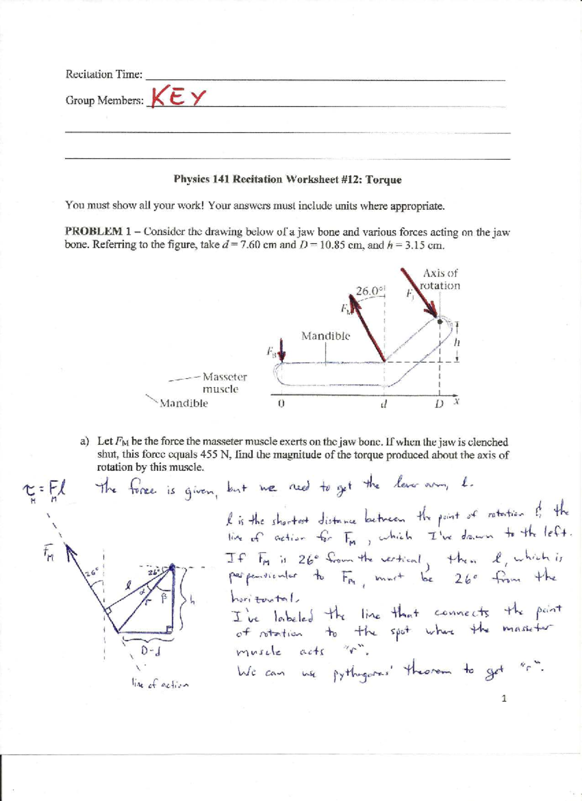 Physics 141 Recitation Worksheet: Torque Solutions - Studocu