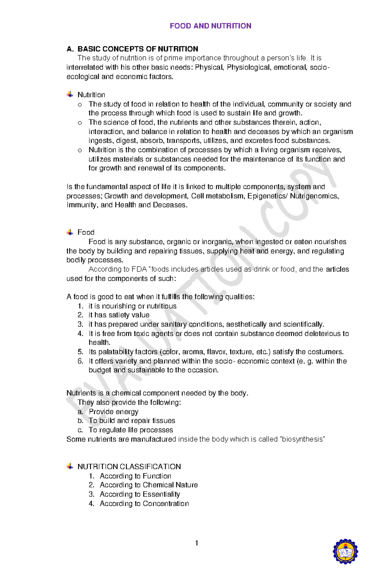 Lesson 1: Fundamental Concepts of Nutrition and Its Importance - Studocu