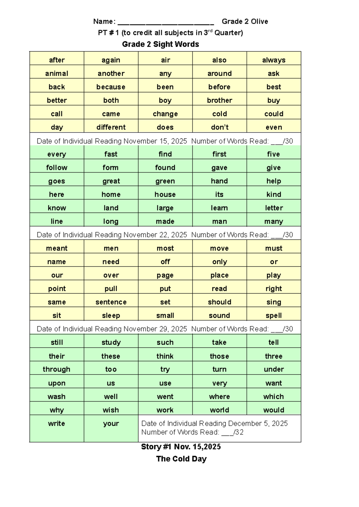Grade 2 Sight Words & Reading Comprehension Activities - Studocu