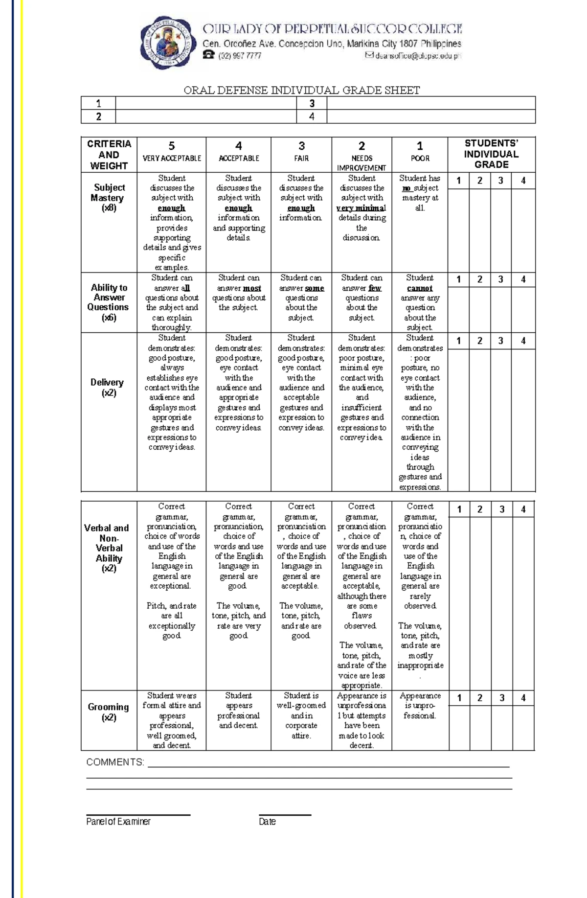 Oral Defense Individual Score Sheet Assessment R2 - Studocu