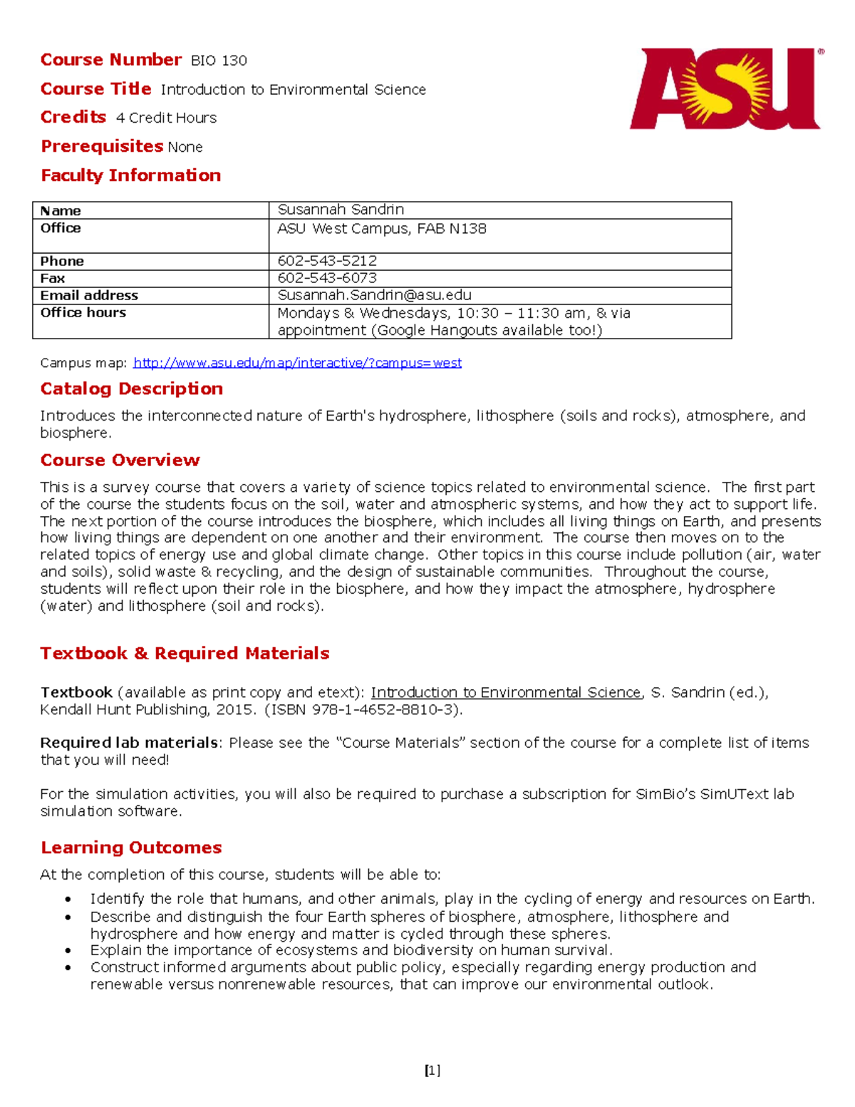 BIO 130 Syllabus: Introduction to Environmental Science Overview - Studocu