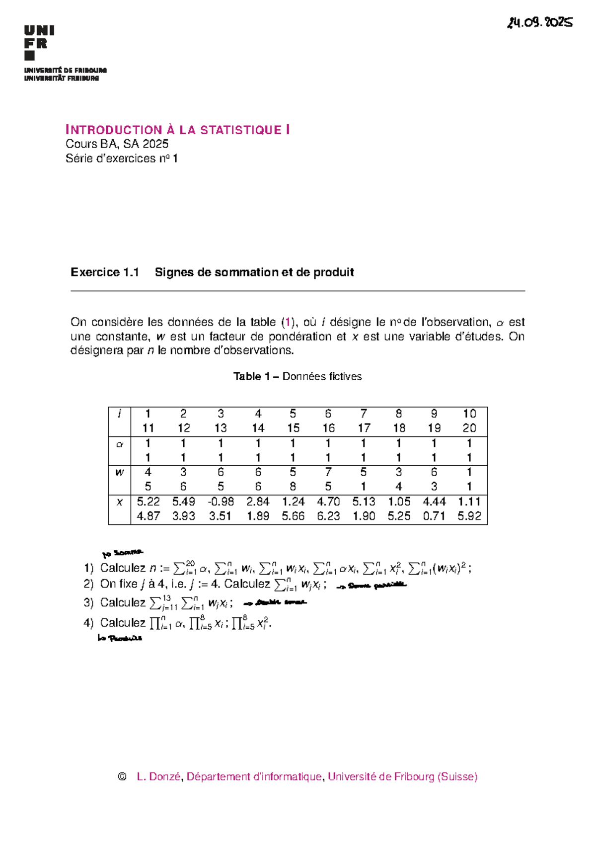 Introduction à la Statistique I - Exercice 1.1 - SA 2025 - Studocu