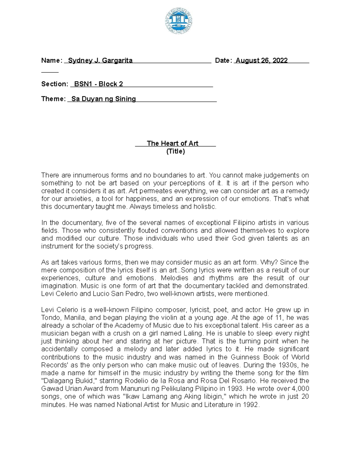 Reflection Paper - Art Appreciation "Sa Duyan ng Sining" - Name: Sydney ...